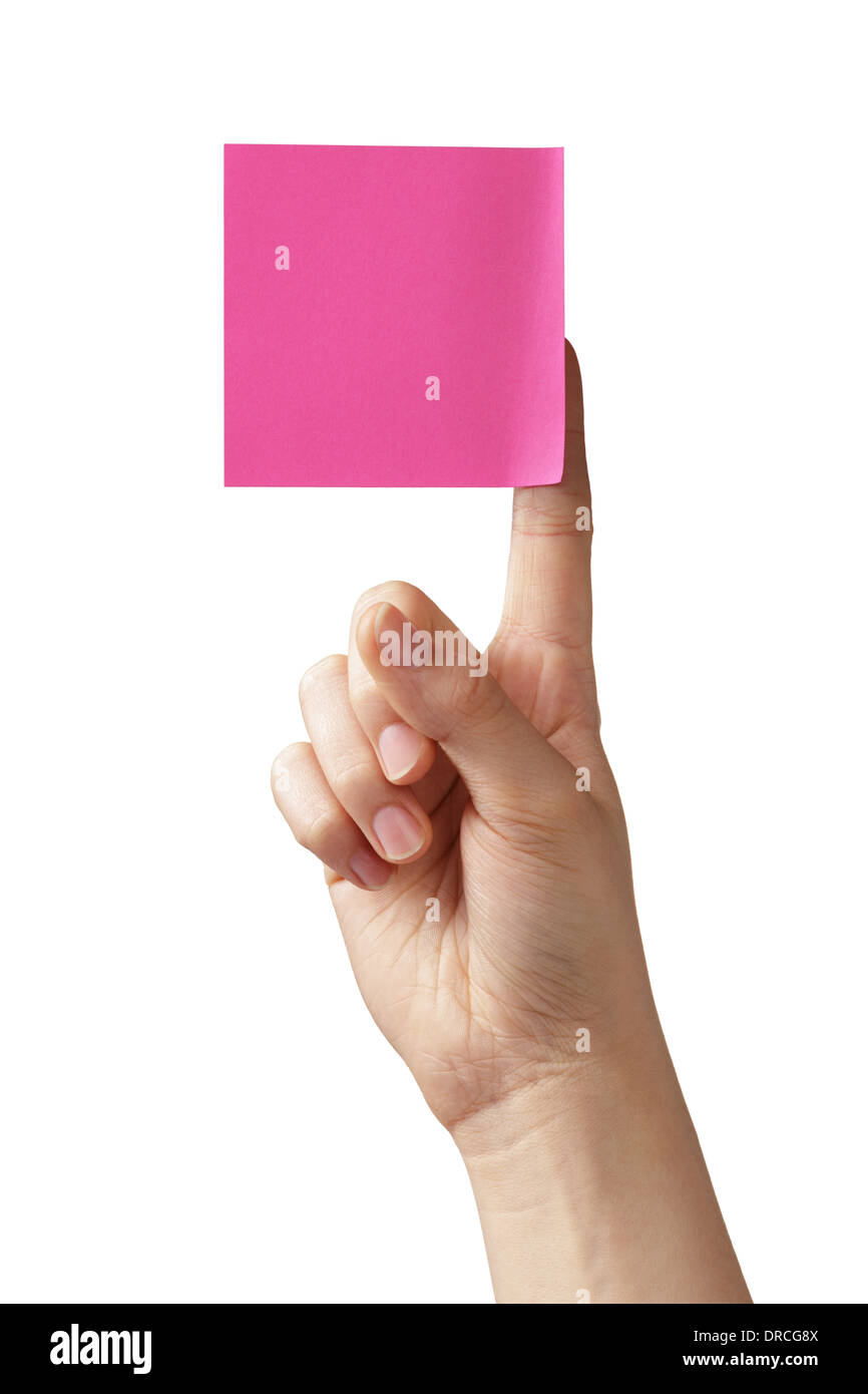 female teen hand holding purple sticky note, isolated on white Stock ...