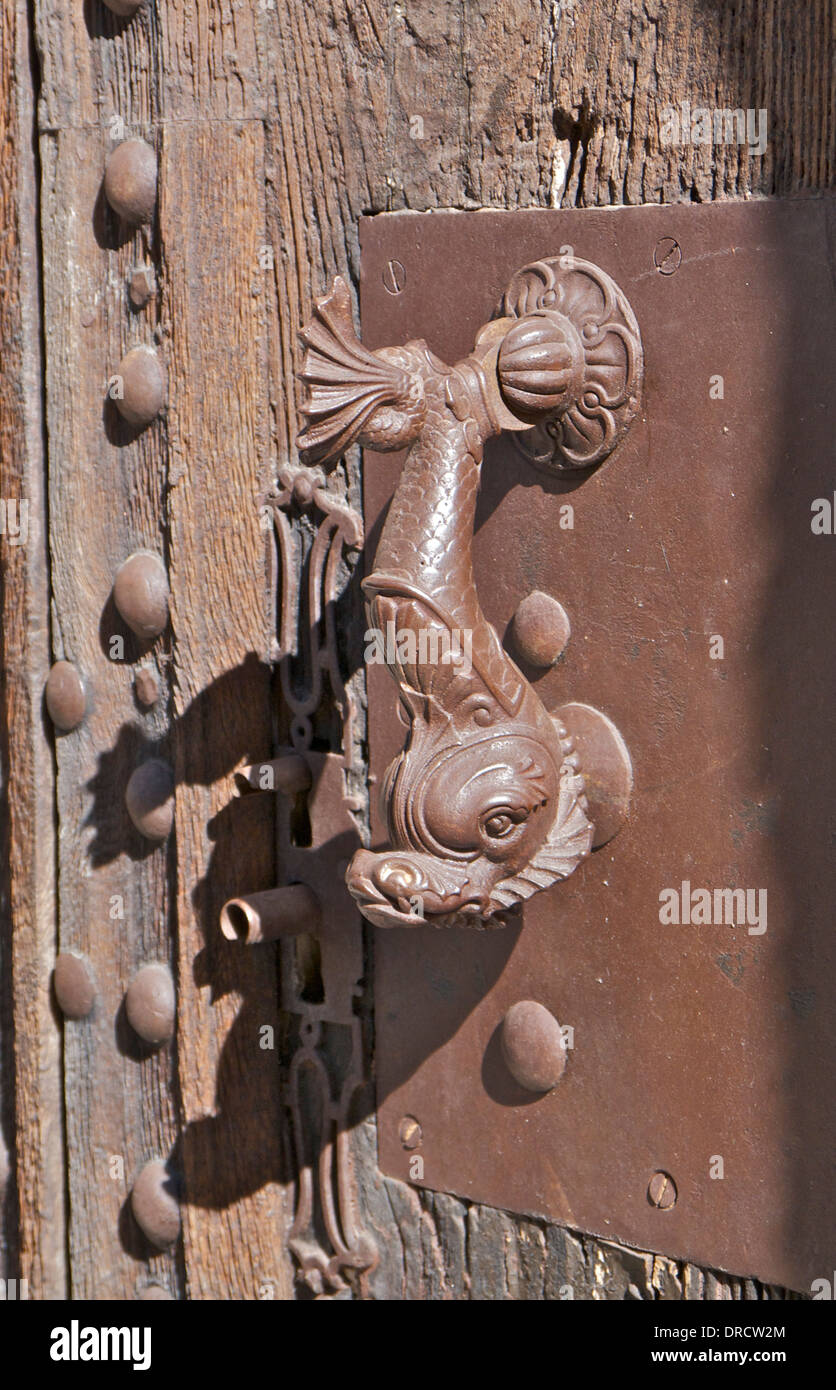 Dolphin door knocker in the old historic town Caunes-Minervios ...