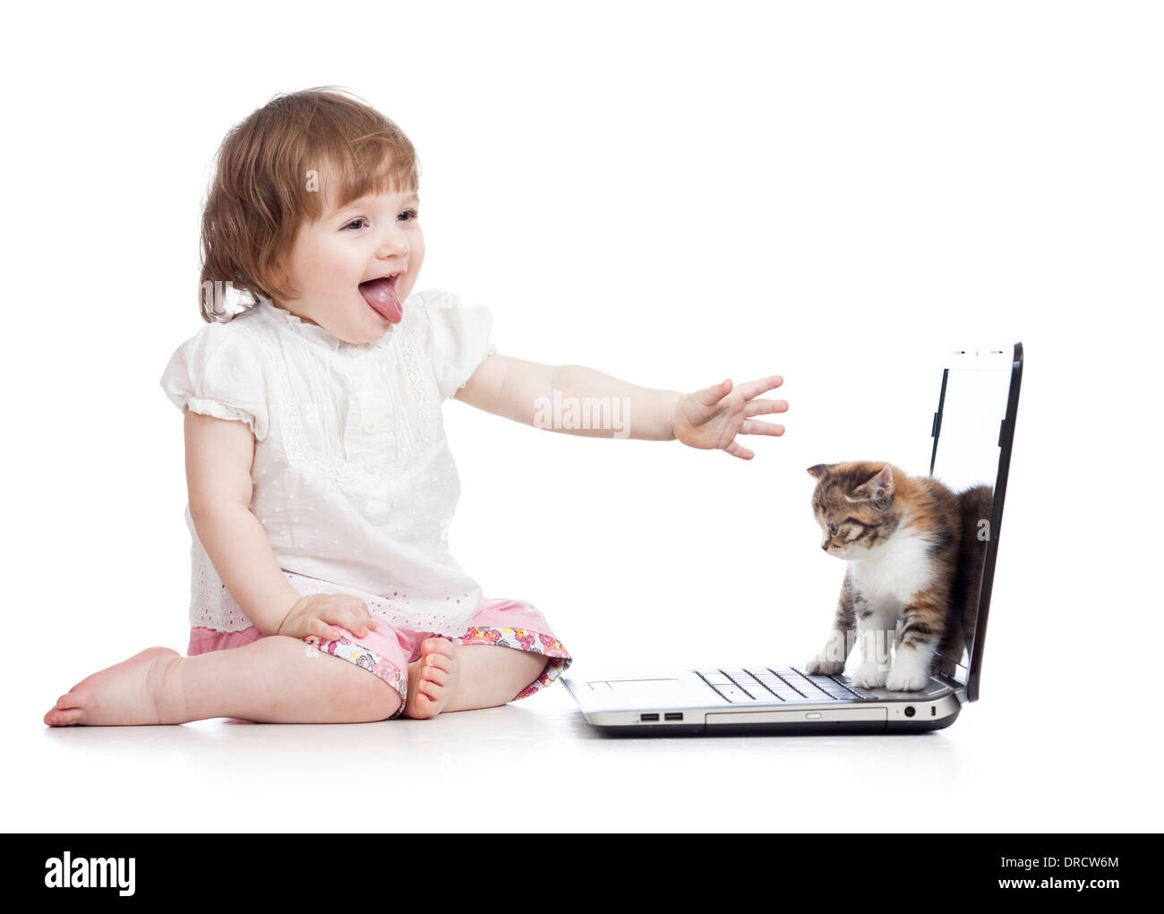 Funny child with laptop and cat baby Stock Photo - Alamy