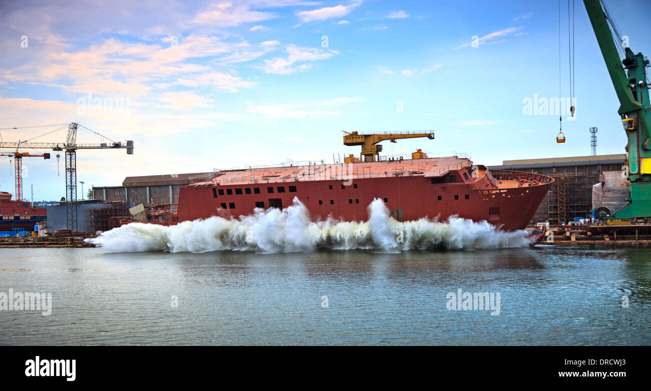 The newly built vessel during launching of the shipyards Stock Photo ...