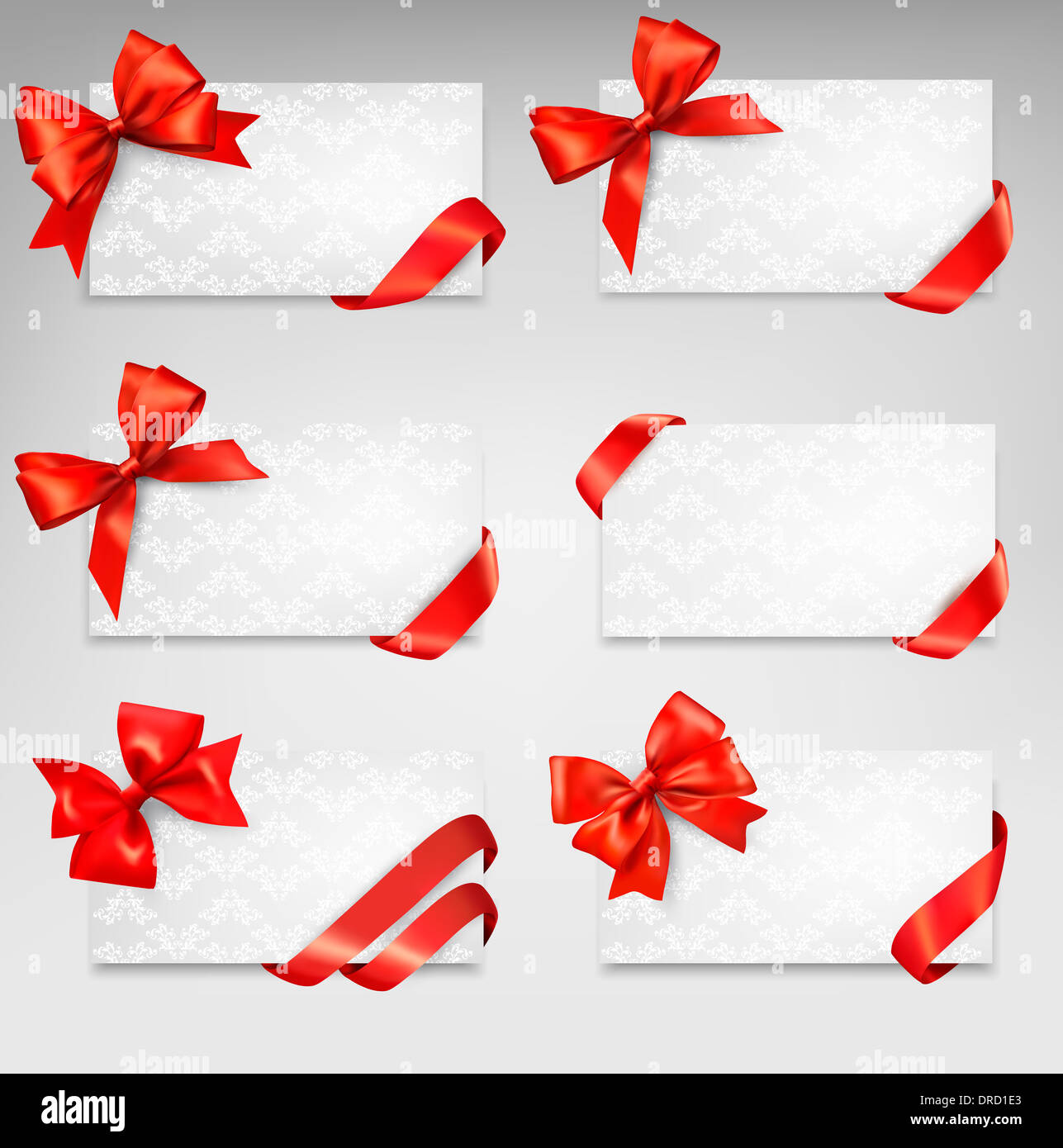 Collection of gift cards with red ribbons. Vector background Stock ...
