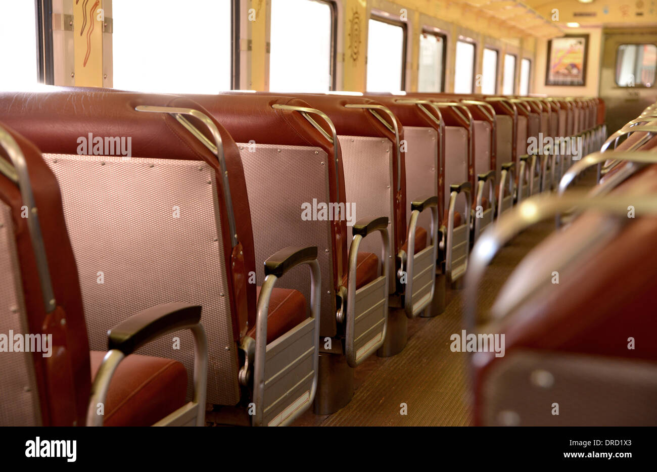 train carriage interior. Rows of seats in a Grand Canyon Railway rail ...