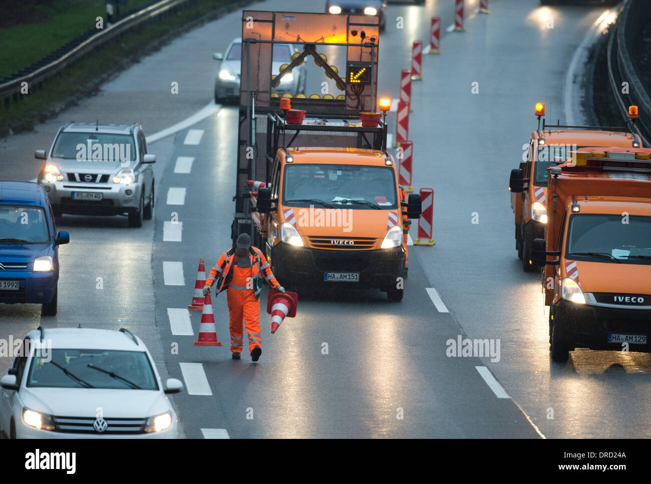 Construction workers close on Autobahn A43 in Witten, Germany, 23 ...