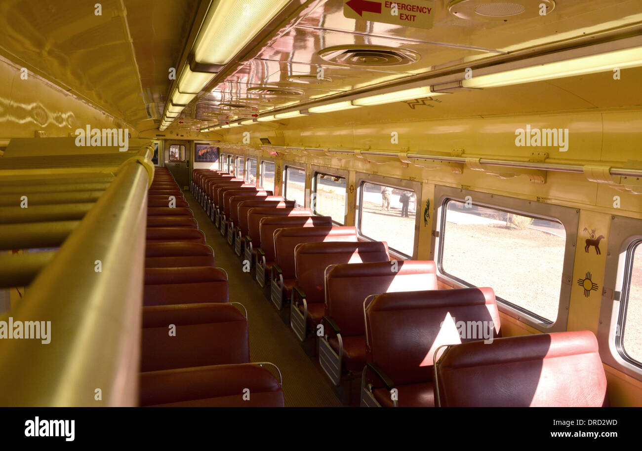 train carriage interior. Rows of seats in a Grand Canyon Railway rail ...