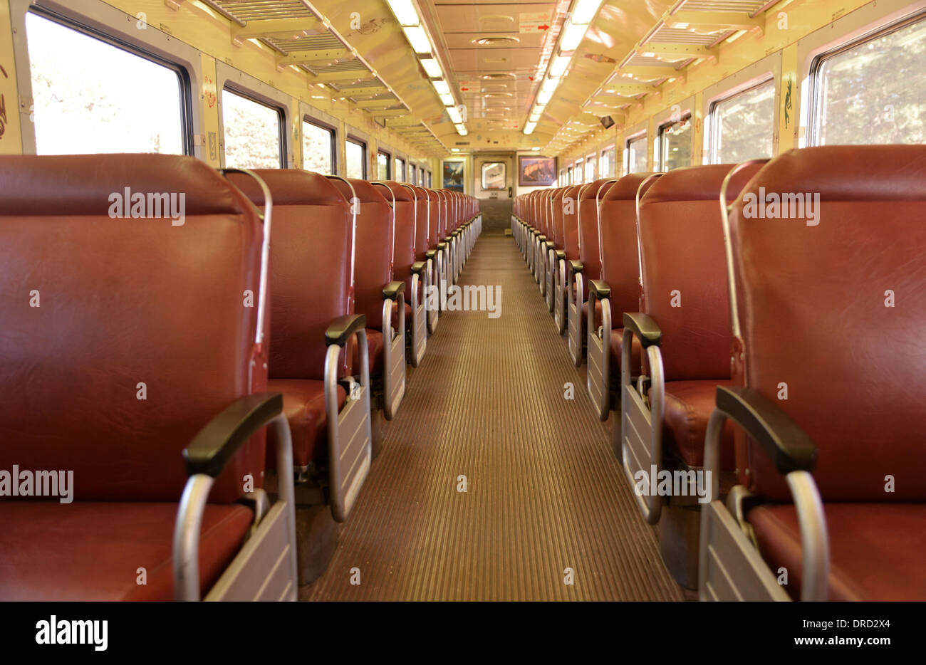 train carriage interior. Rows of seats in a Grand Canyon Railway rail ...