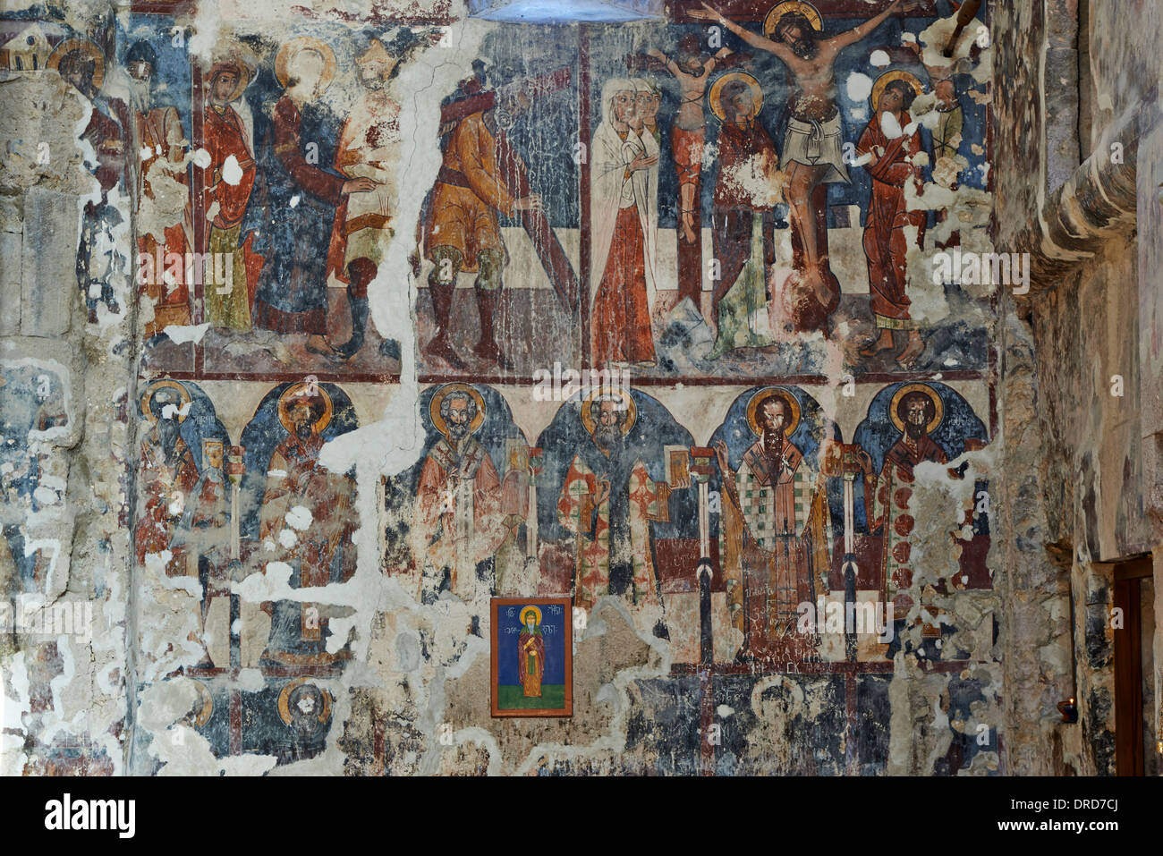 interior shot with wall paintings in orthodox Pitareti Monastery ...