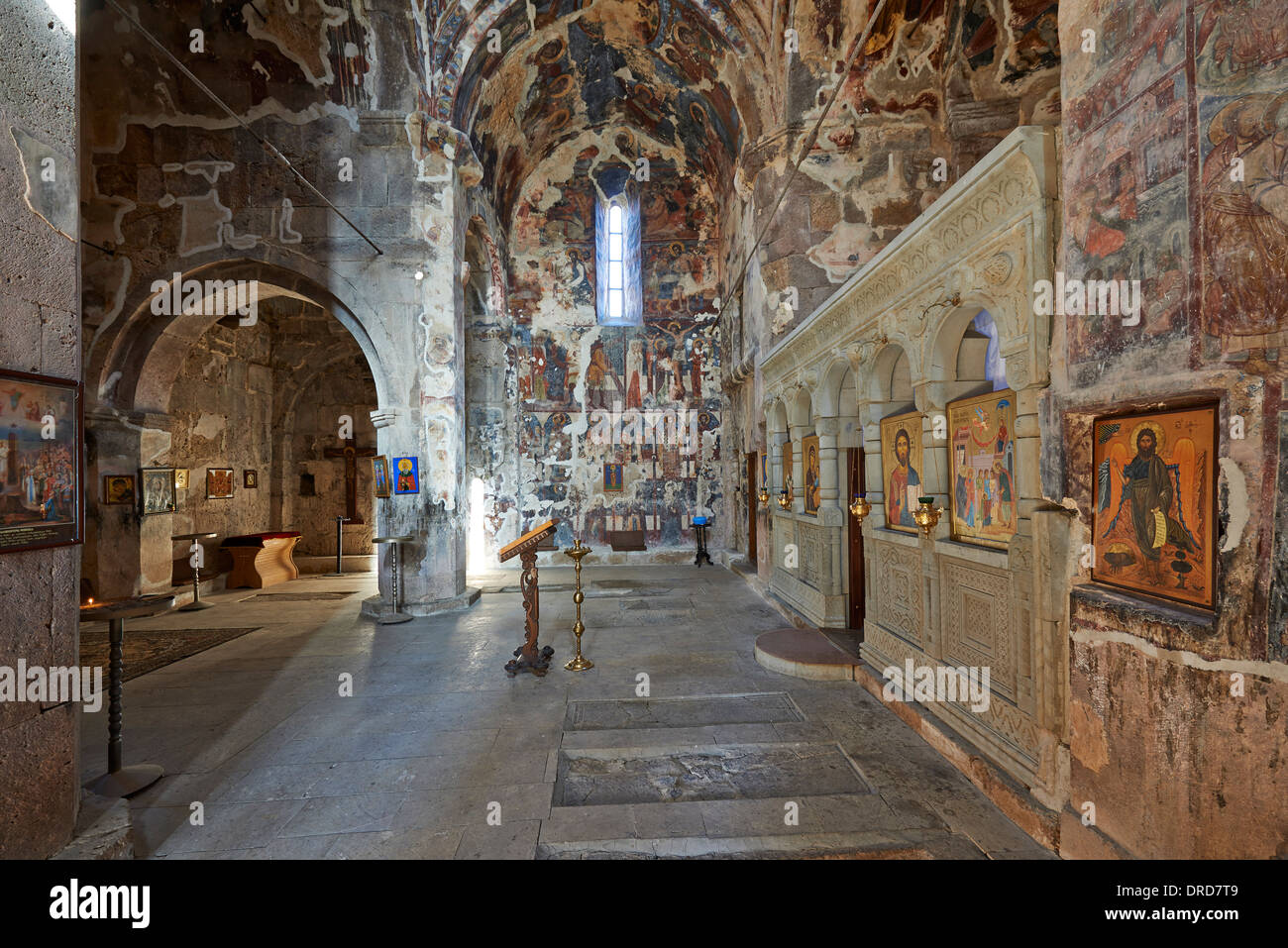 interior shot with wall paintings in orthodox Pitareti Monastery ...