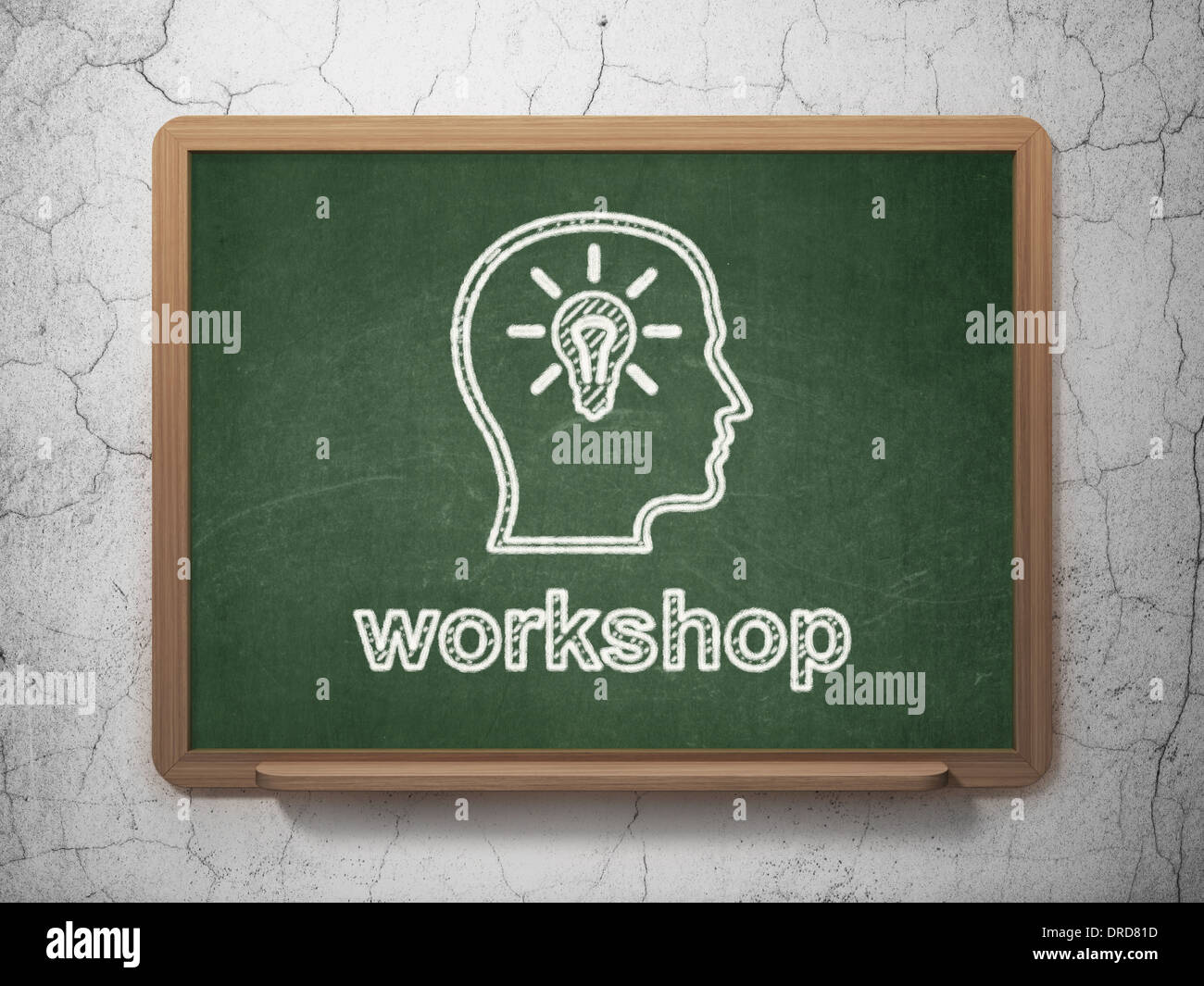 Education concept: Head With Lightbulb and Workshop on chalkboard background Stock Photo - Alamy