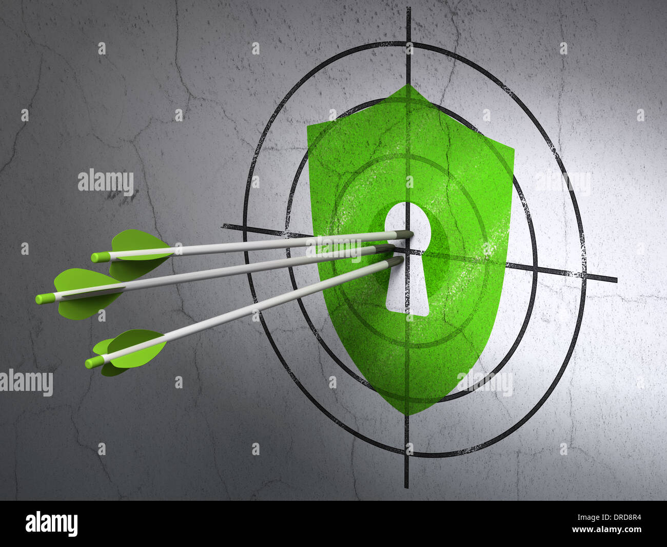 Security concept: arrows in Shield With Keyhole target on wall ...