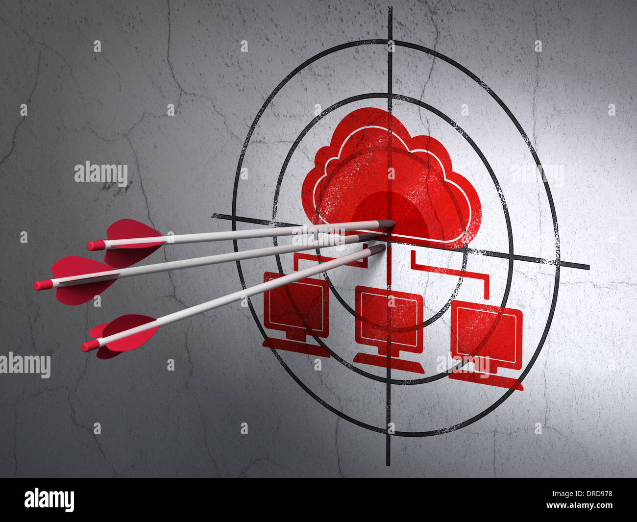 Computing concept: arrows in Cloud Network target on wall background ...