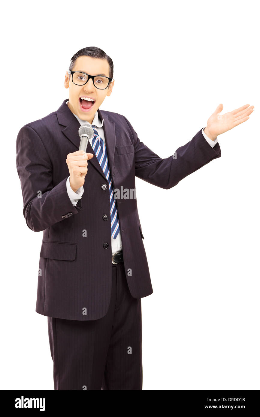 Person speaking into microphone hi-res stock photography and images - Alamy