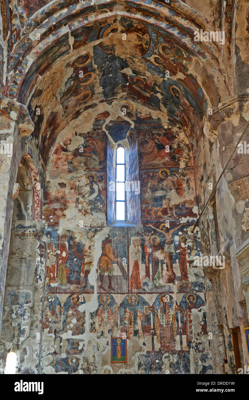 interior shot with wall paintings in orthodox Pitareti Monastery ...