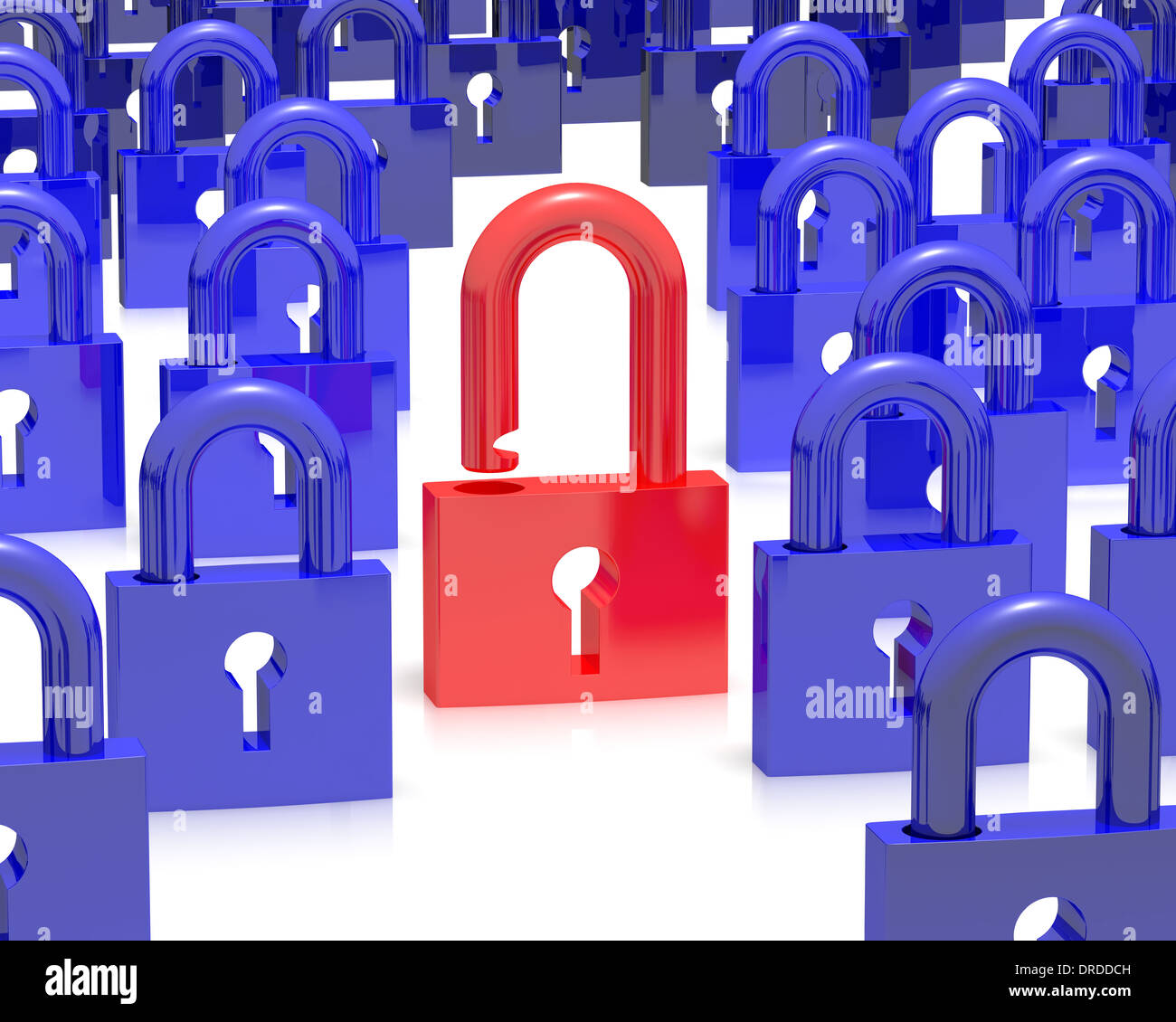 Concept of security breach, one unlocked pad lock in red Stock Photo ...