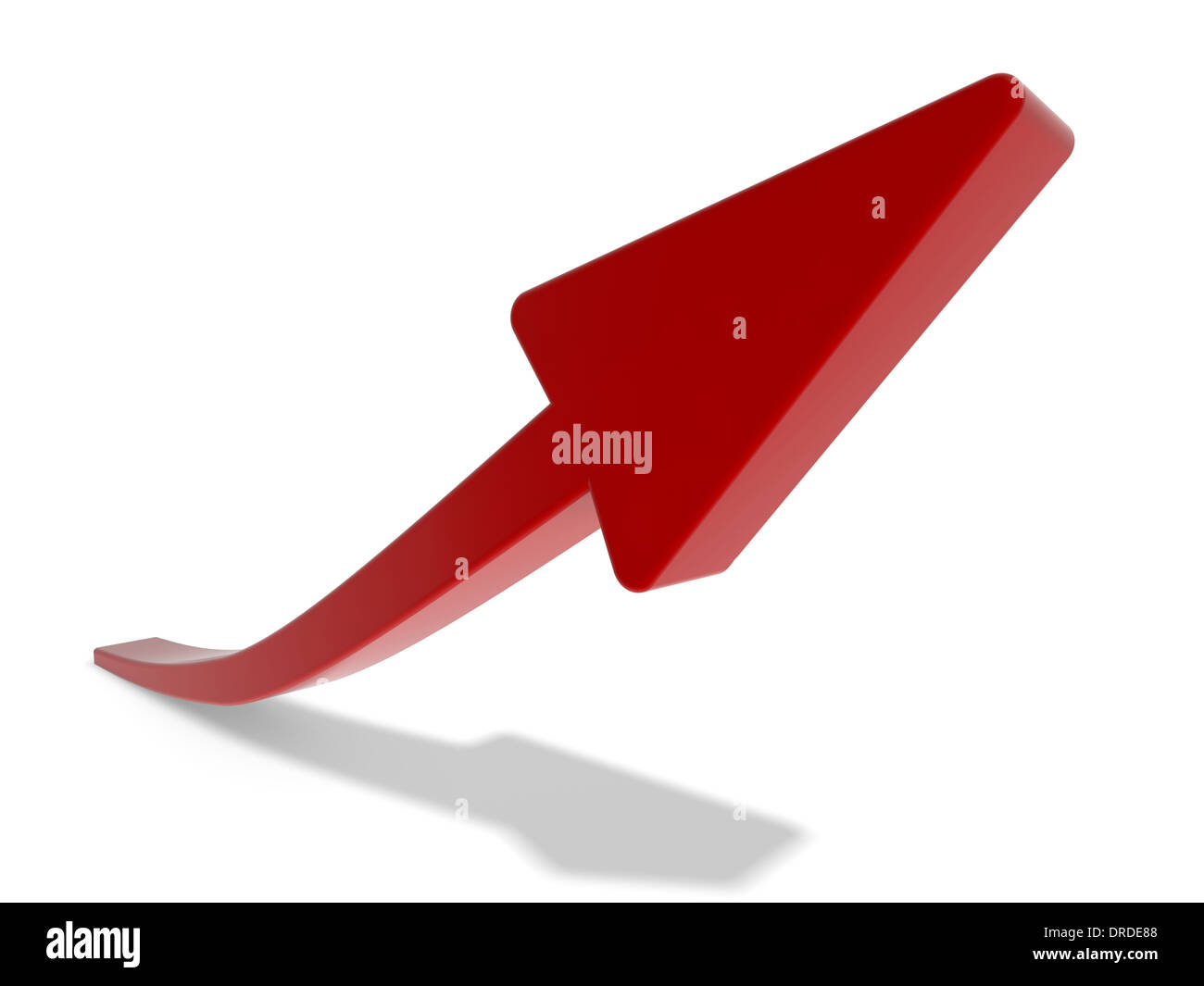 Red arrow sign curving in an upwards direction on a white background ...