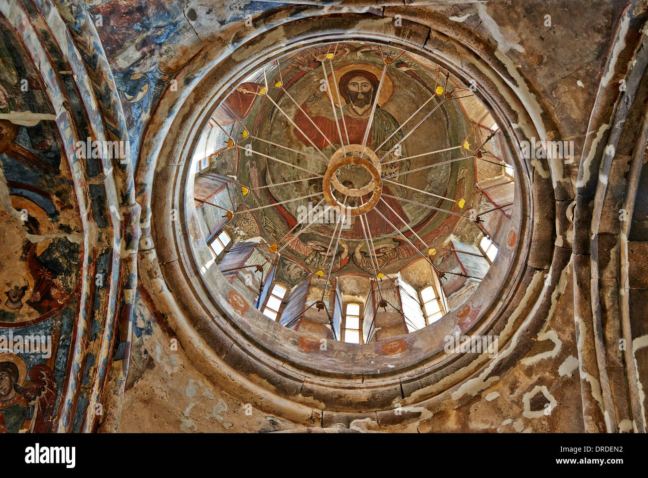 interior shot with wall paintings in orthodox Pitareti Monastery ...