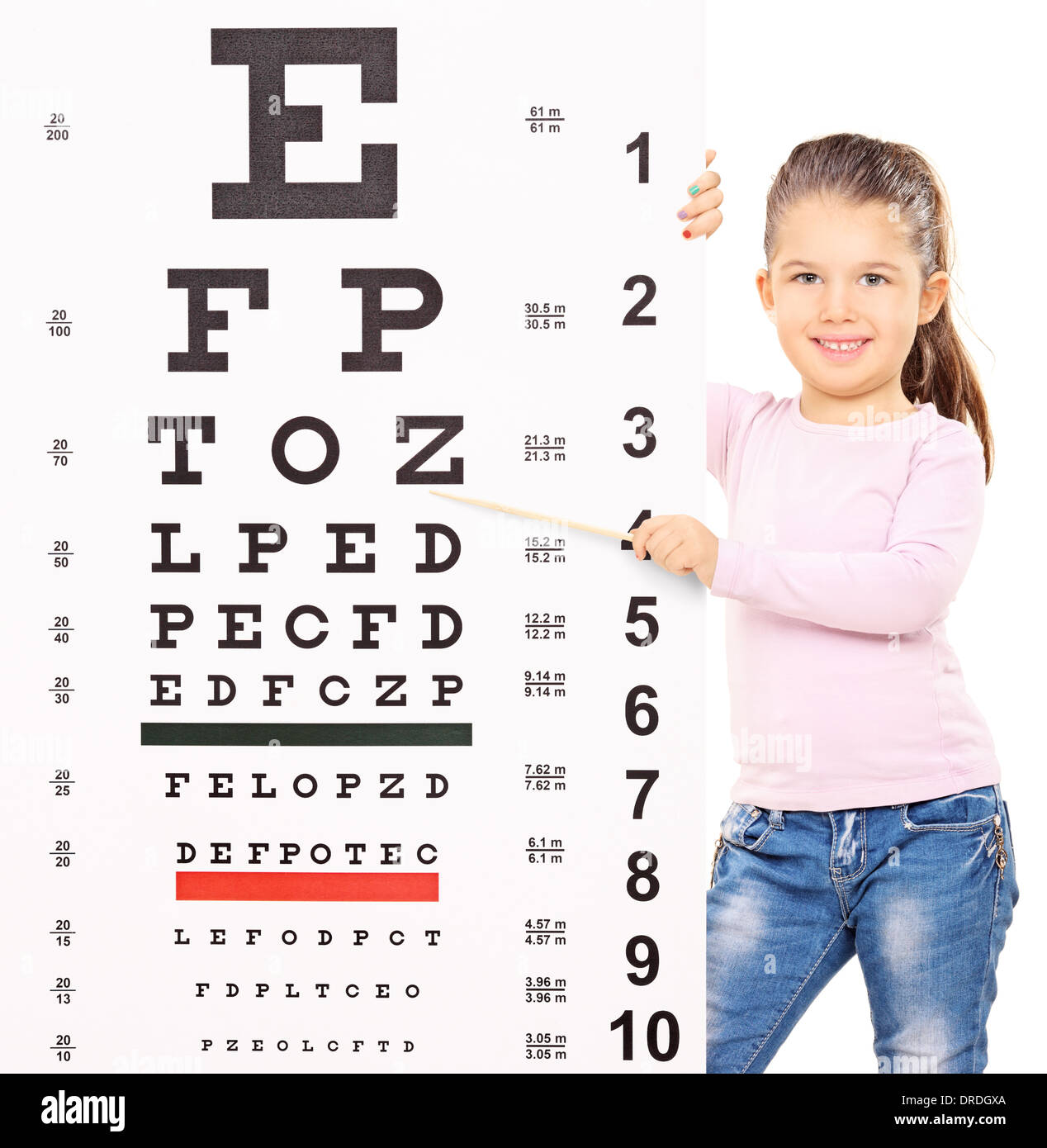 Cute little girl pointing at an eyesight test with wooden stick Stock ...