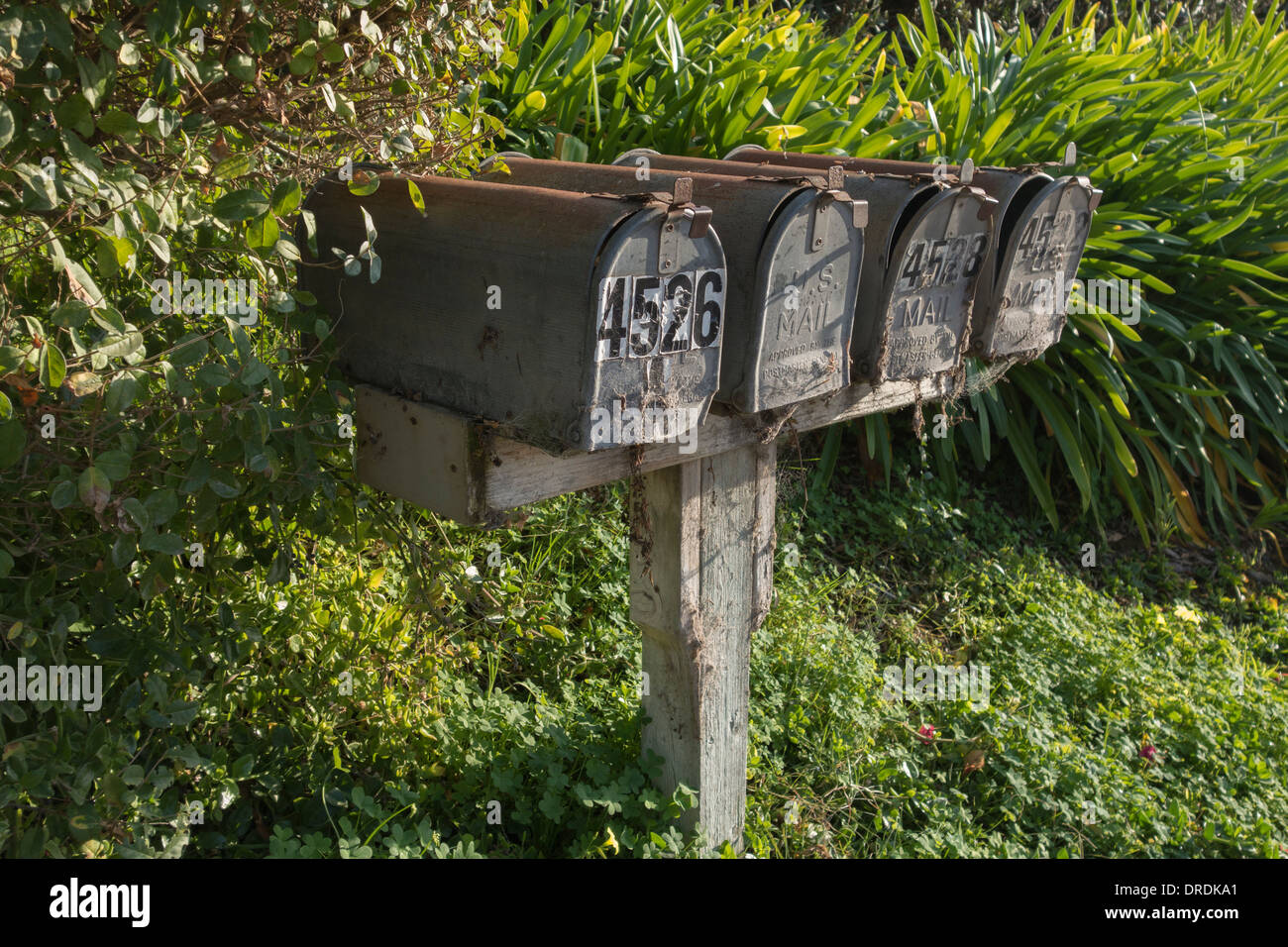 A row of older rusted mailboxes in Santa Barbara County, California ...
