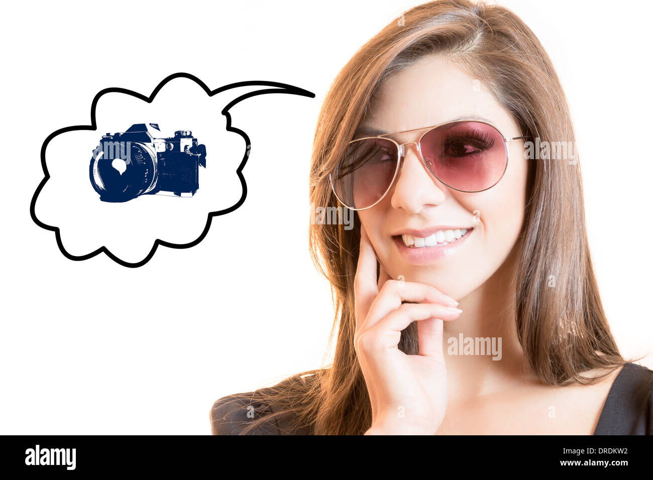 concept of a beautiful hispanic woman thinking about cameras Stock ...