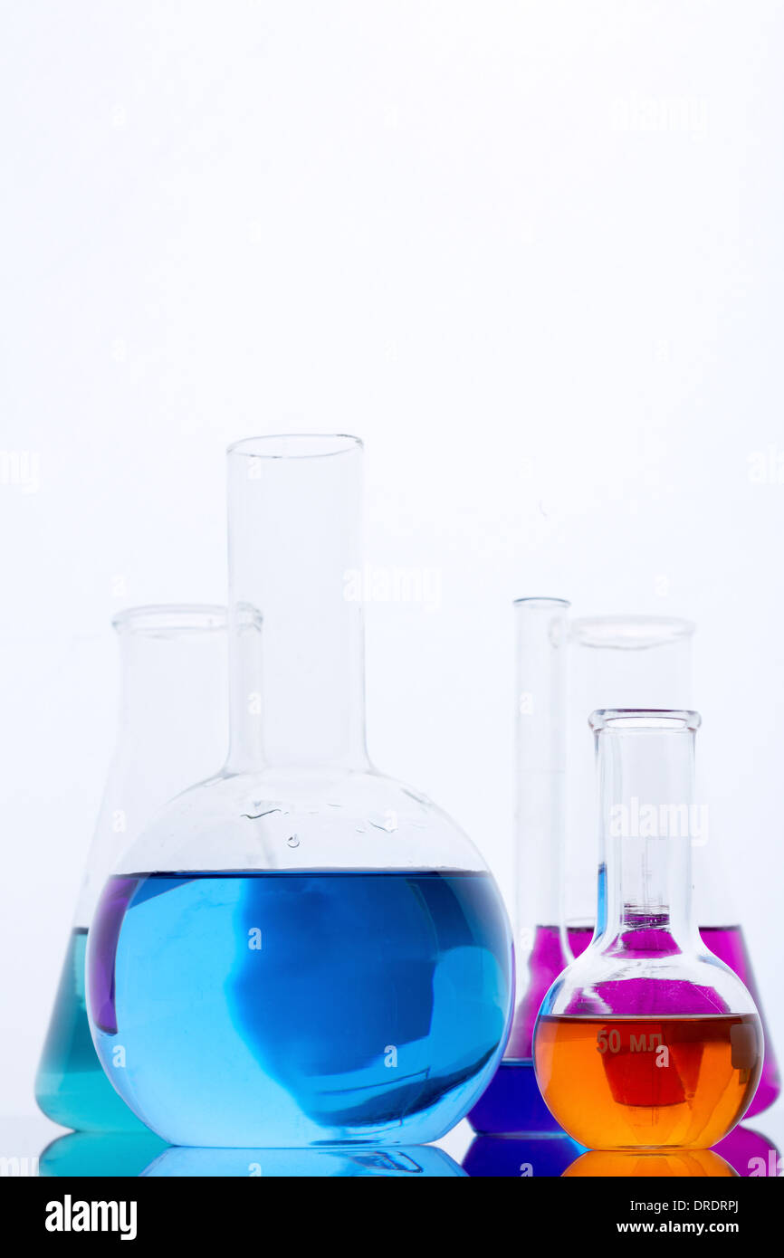 Image of several flasks with multi-color liquids in laboratory Stock ...