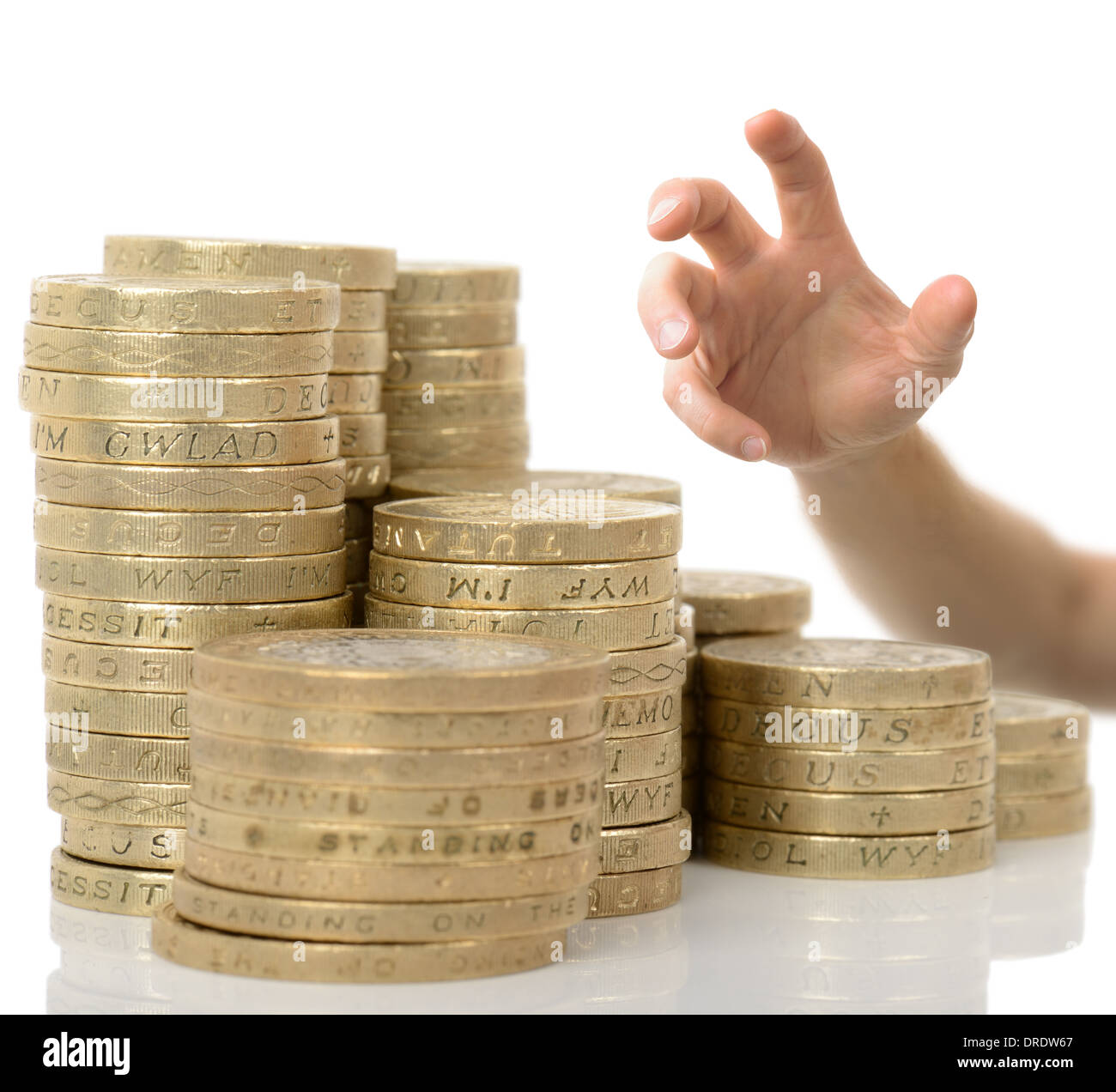 Hand grasping for money isolated on a white background with selective ...