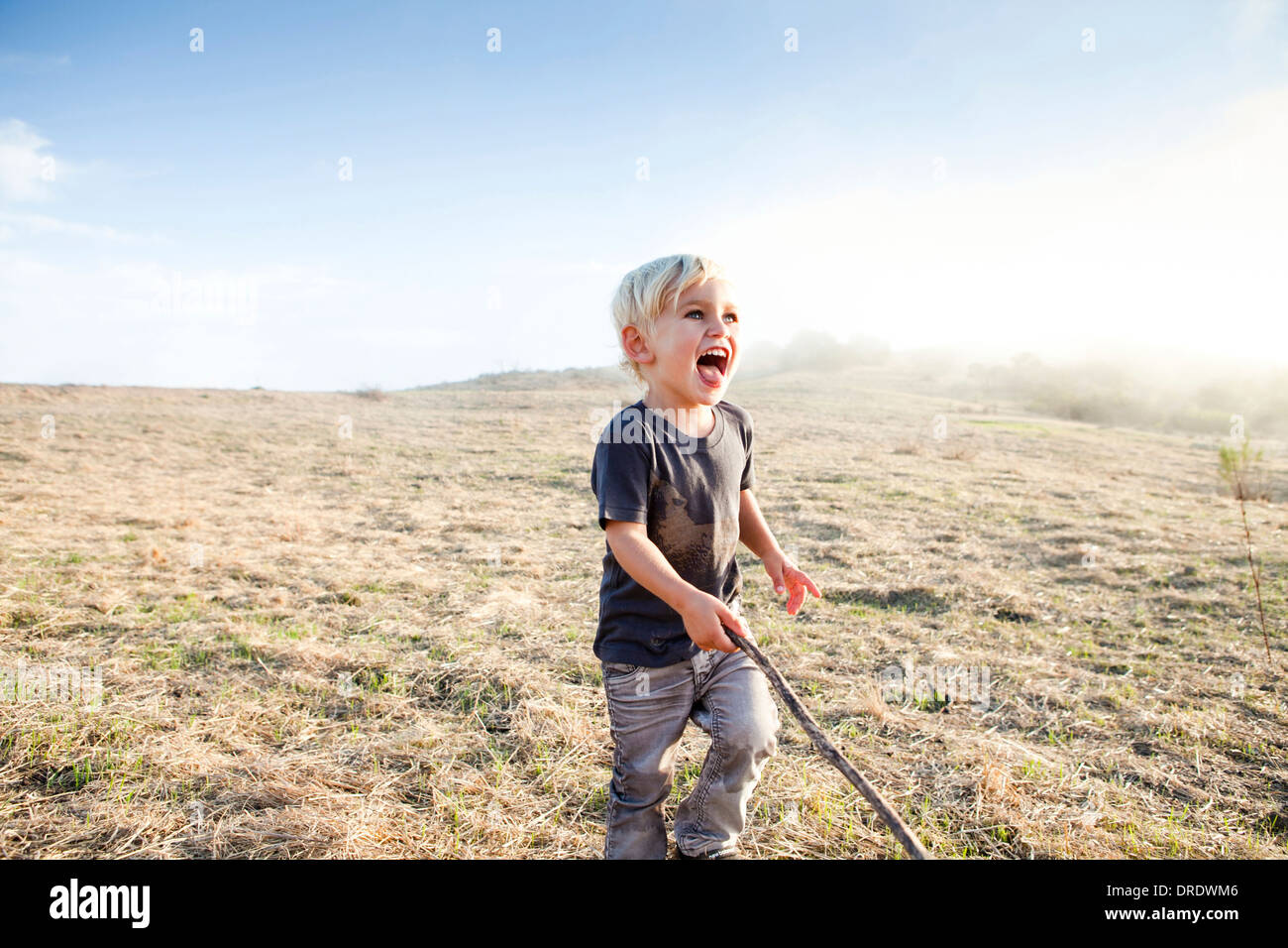 Young boy playing with a stick Stock Photo - Alamy