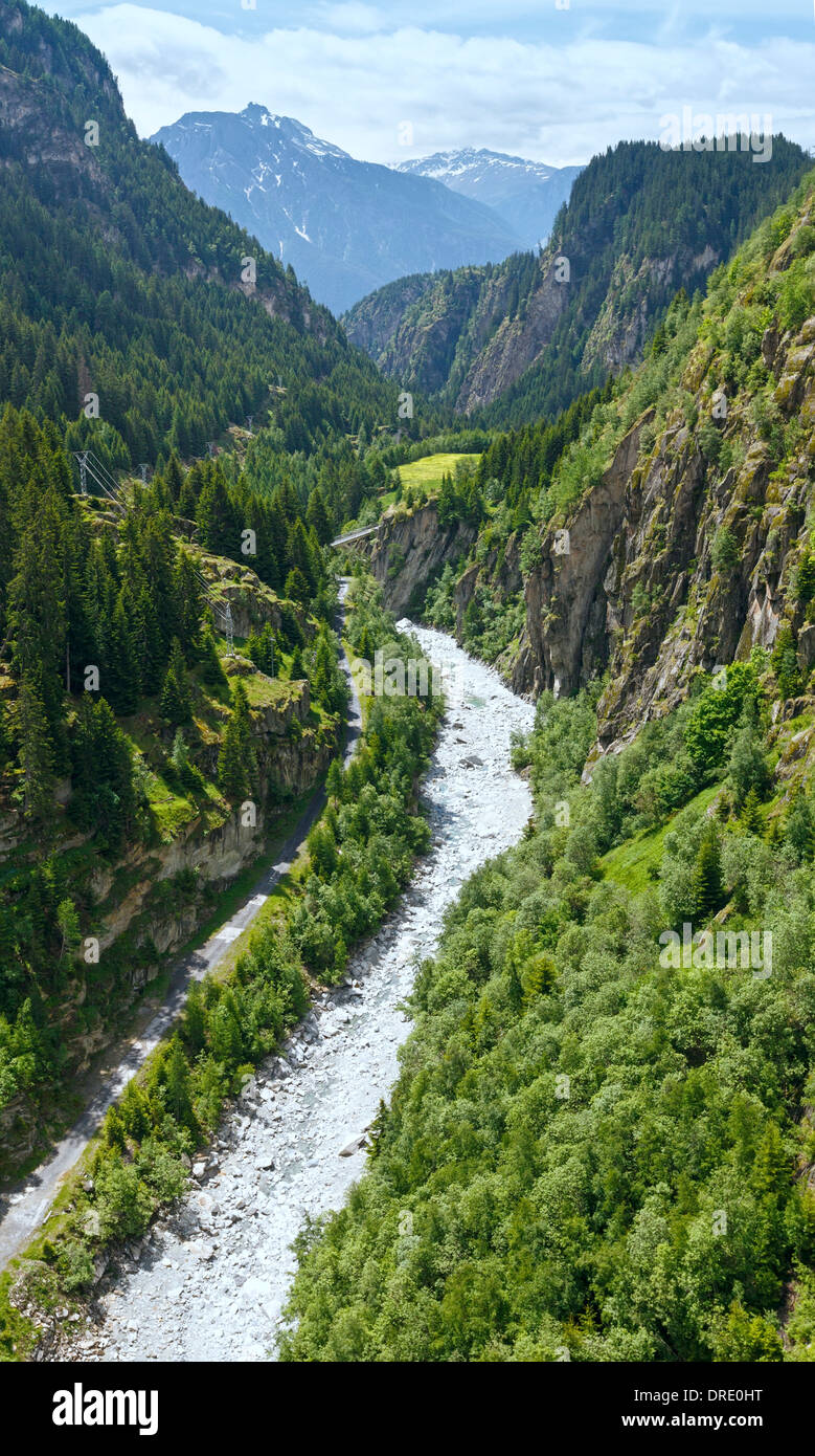 Summer mountain landscape with bridge across ravine (Alps, Switzerland ...