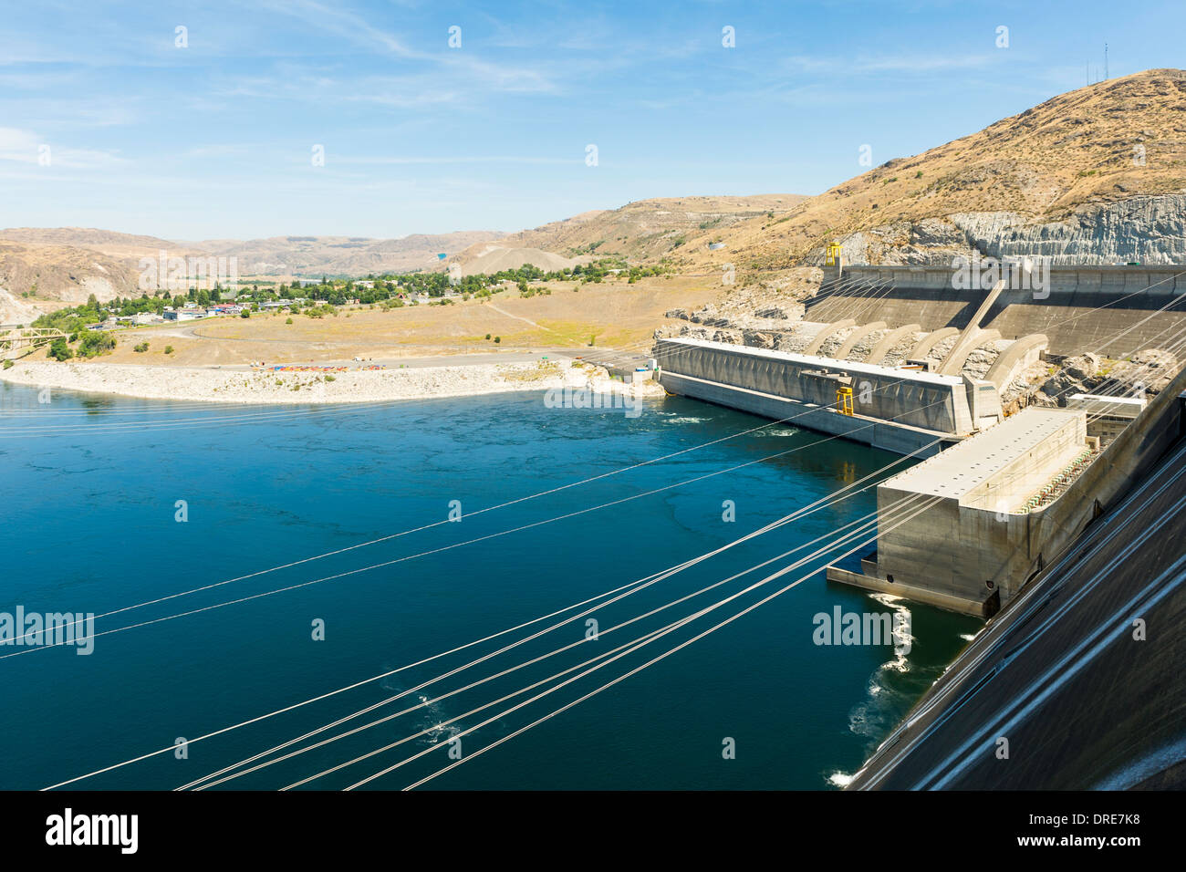 View looking east from the top of Grand Coulee Dam, on the Columbia River, Washington State, USA ...