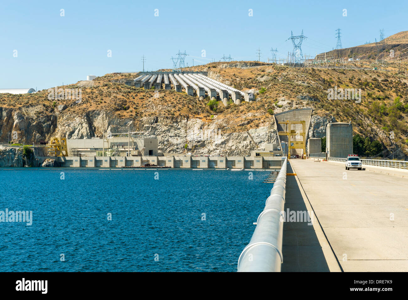 View looking east from the top of Grand Coulee Dam, on the Columbia River, Washington State, USA ...