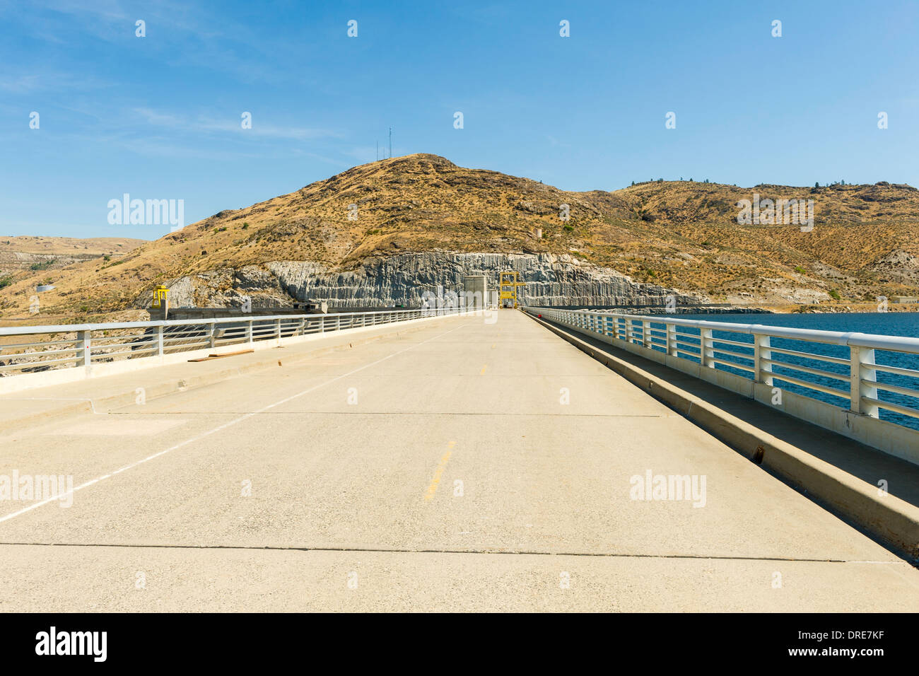 View east from the top of Grand Coulee Dam, on the Columbia River, Washington State, USA ...