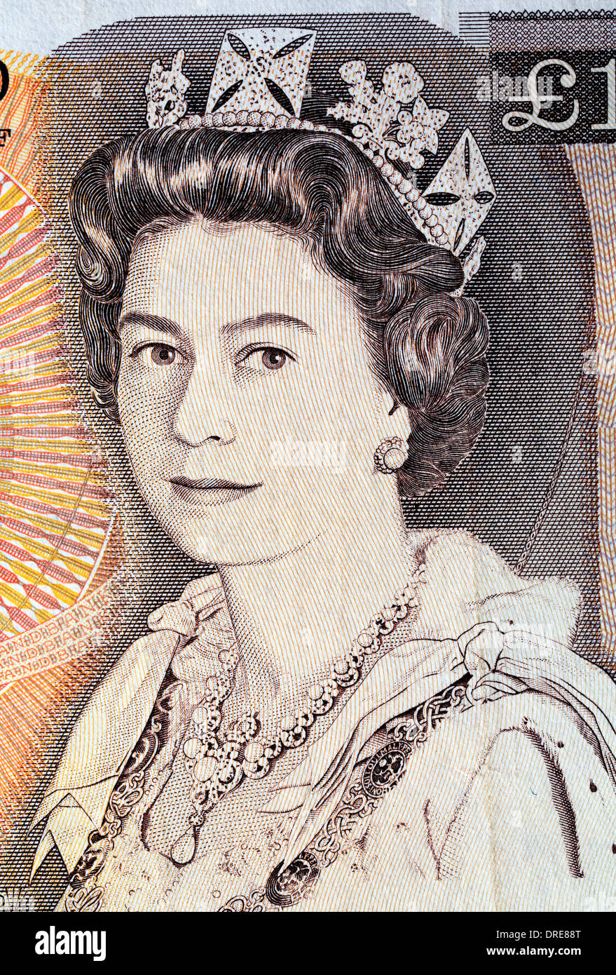 Portrait of Queen Elizabeth II from 10 Pounds banknote, UK, 1988 Stock ...