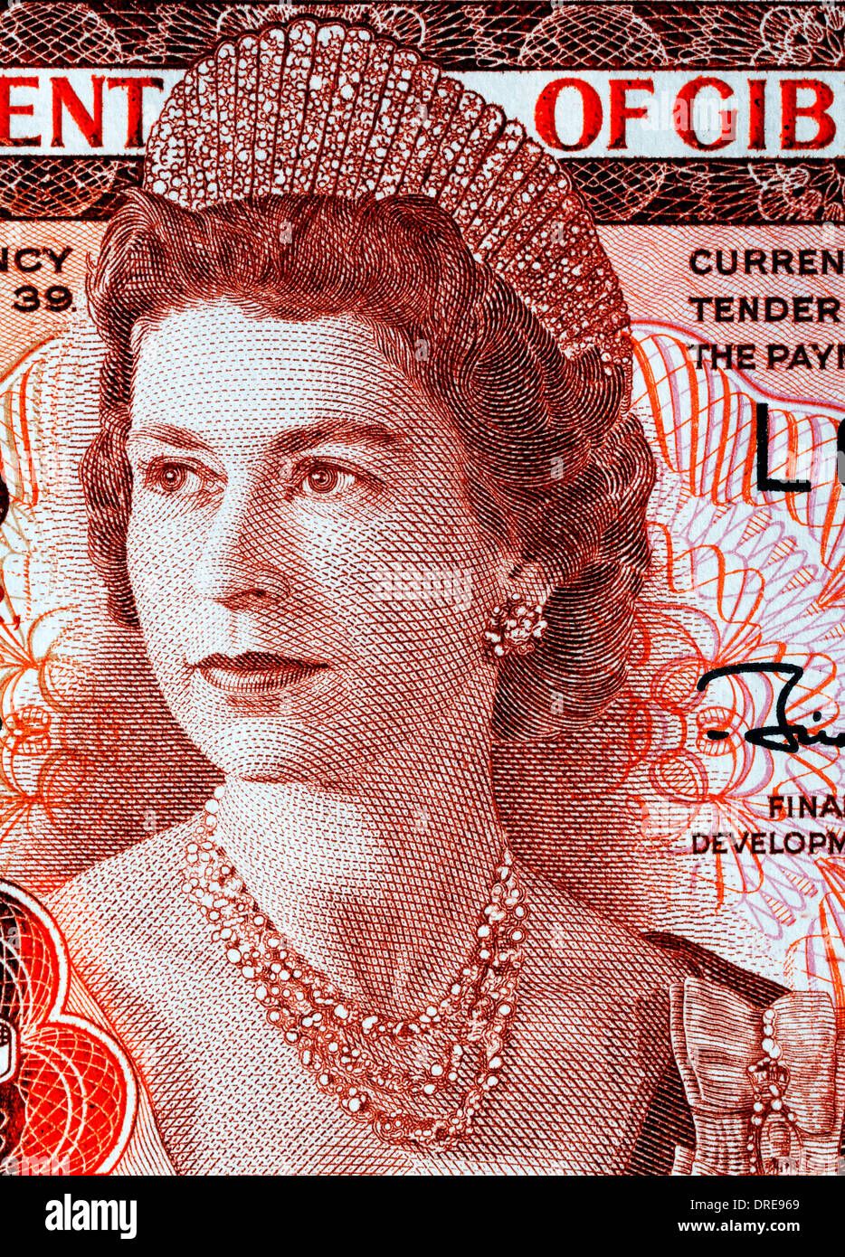 Portrait of Queen Elizabeth II from 1 Pound banknote, Gibraltar, 1988 ...