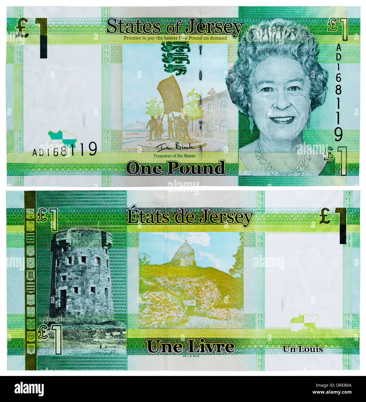 1 Pound banknote, Queen Elizabeth II and Le Hocq tower, Jersey, 2010 ...