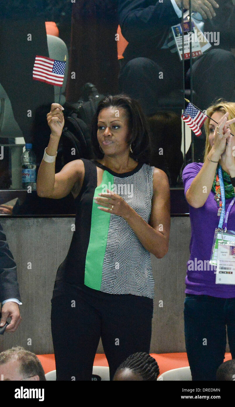 First Lady Michelle Obama at the aquatics centre during the 2012 London ...