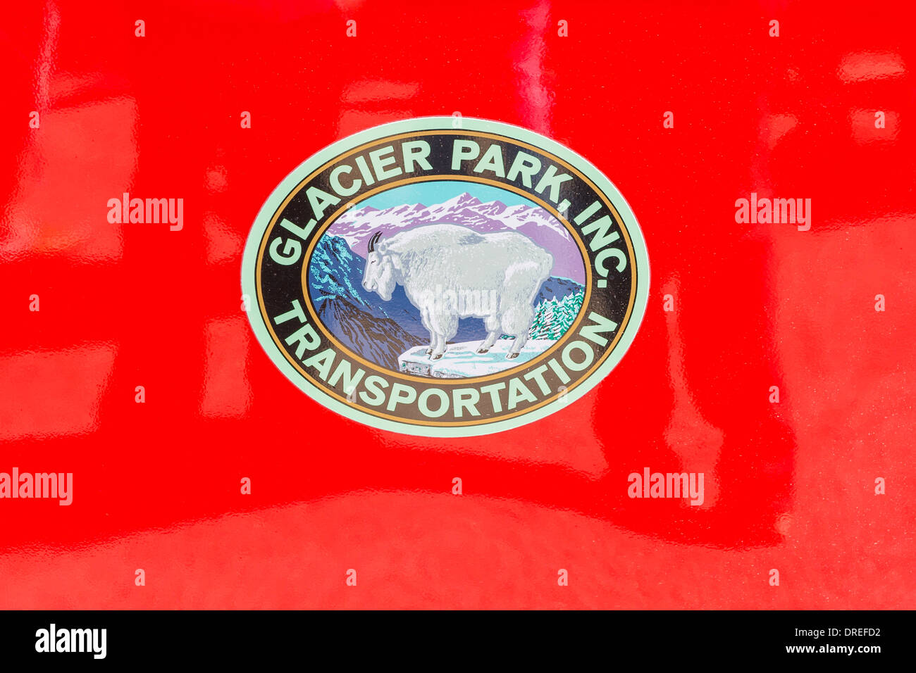Logo on a "jammer", a red tour bus on the 'Going-to-the-Sun' Road ...