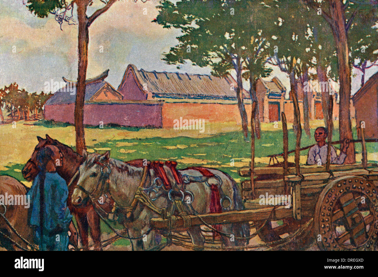 Chinese temple in Manchuria, with farm workers Stock Photo - Alamy