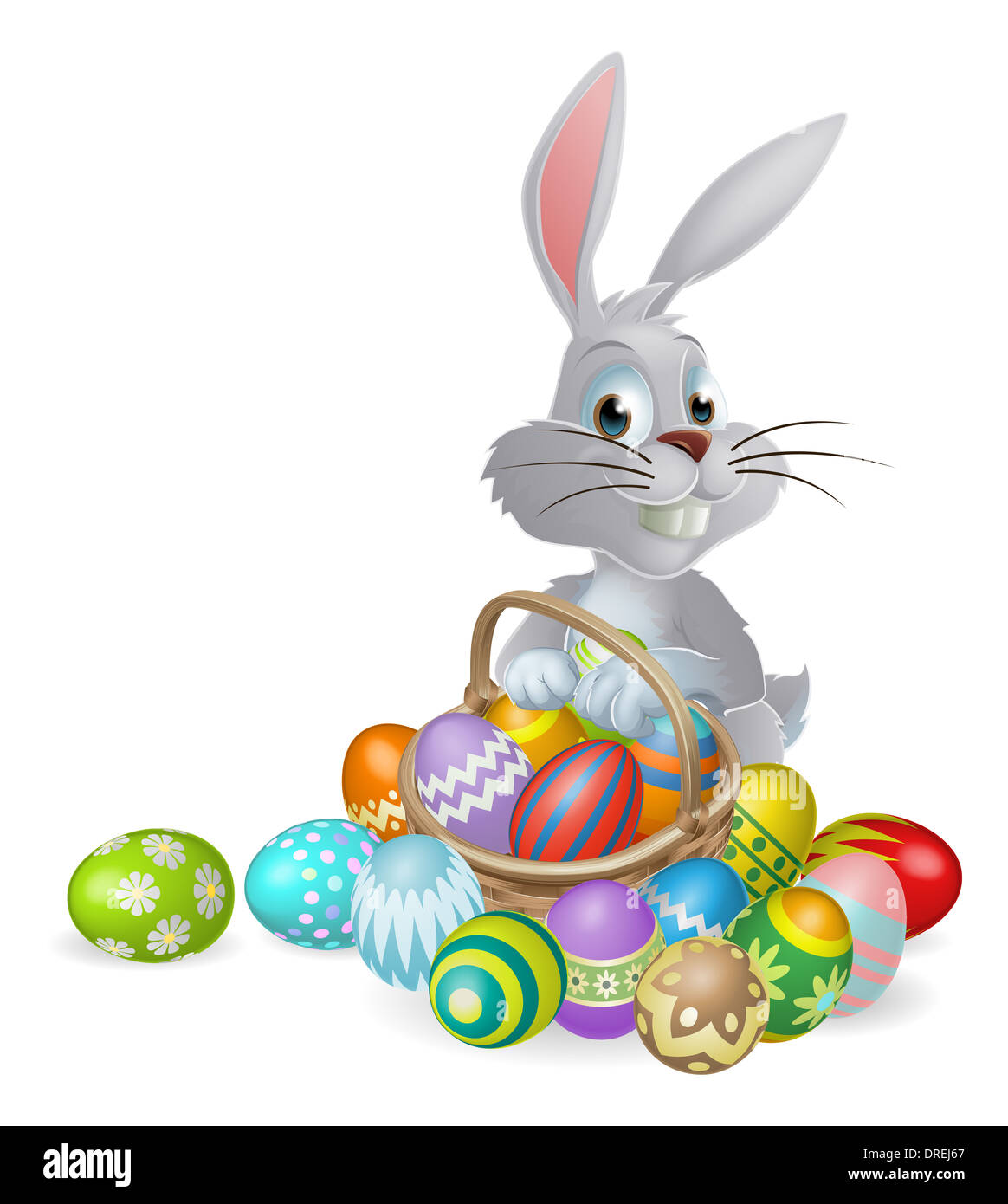 An Easter bunny white rabbit with a basket of painted chocolate Easter ...