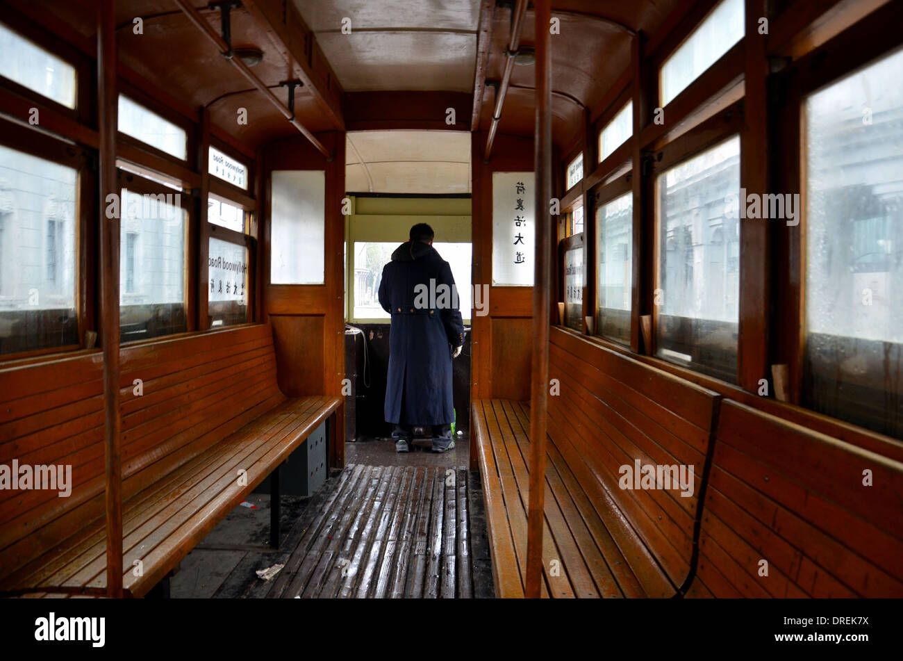 Tram trolley driver and interior wooden benches Stock Photo - Alamy