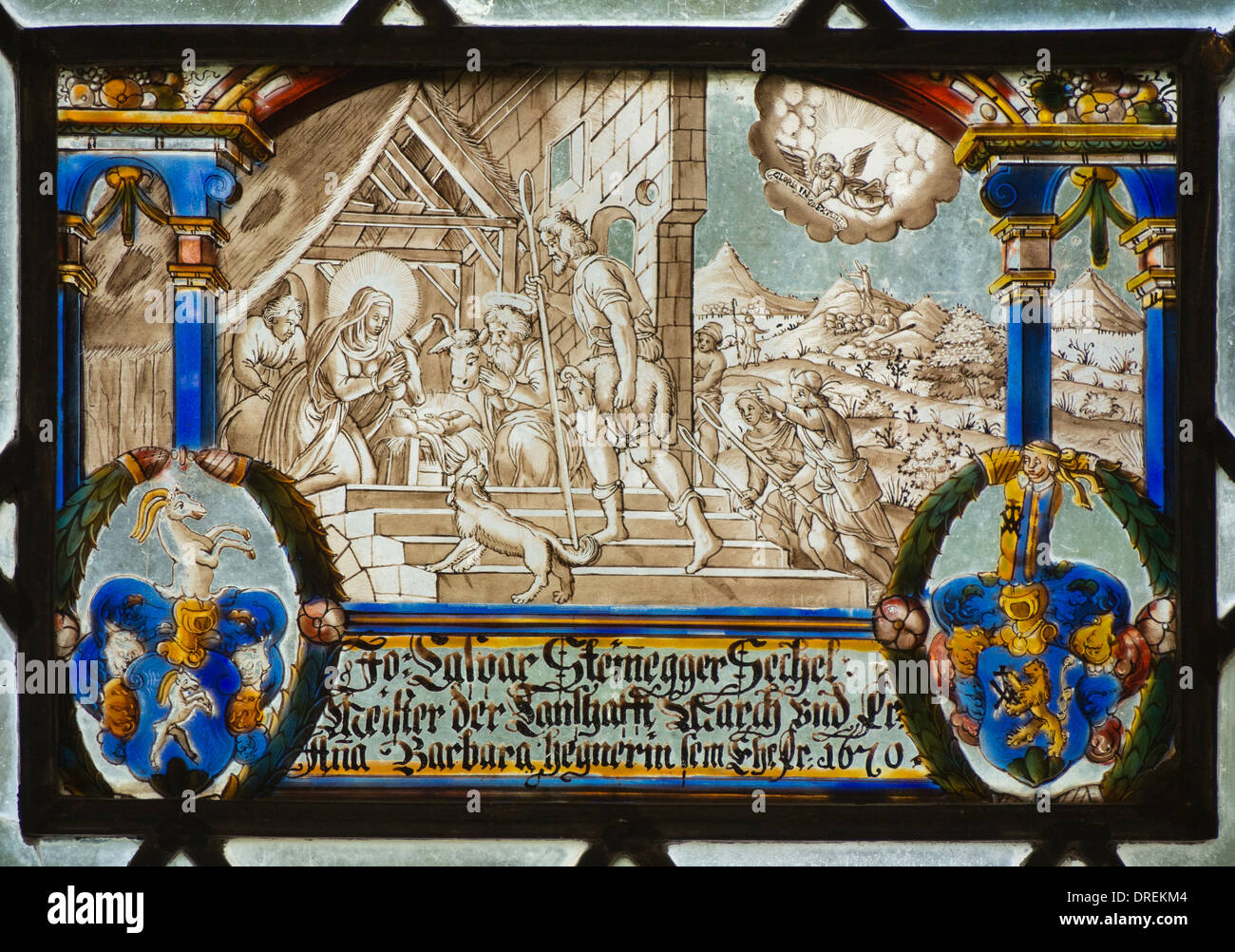 A Continental (Swiss) stained glass panel depicts the Nativity and the ...