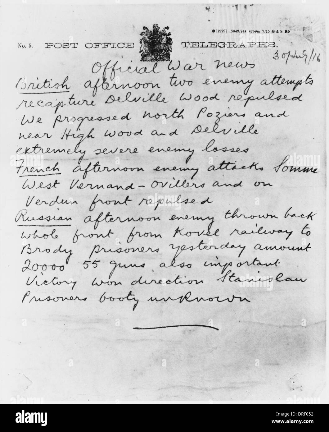 Post Office Telegraphs: Official war news Stock Photo - Alamy