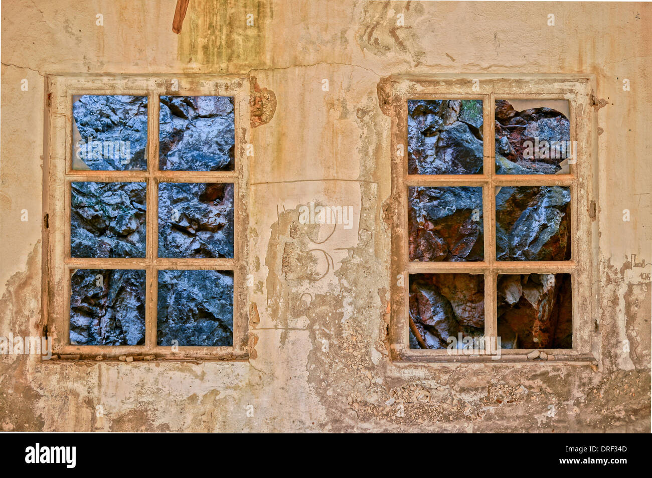 windows with a view to rocks in a old, abandoned building Stock Photo ...