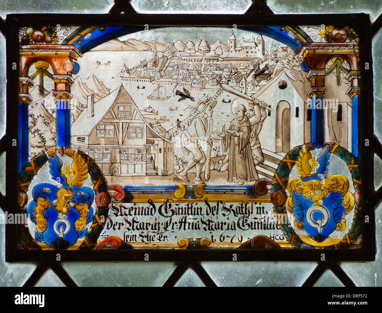A Continental (Swiss) stained glass panel depicts a cleric being ...