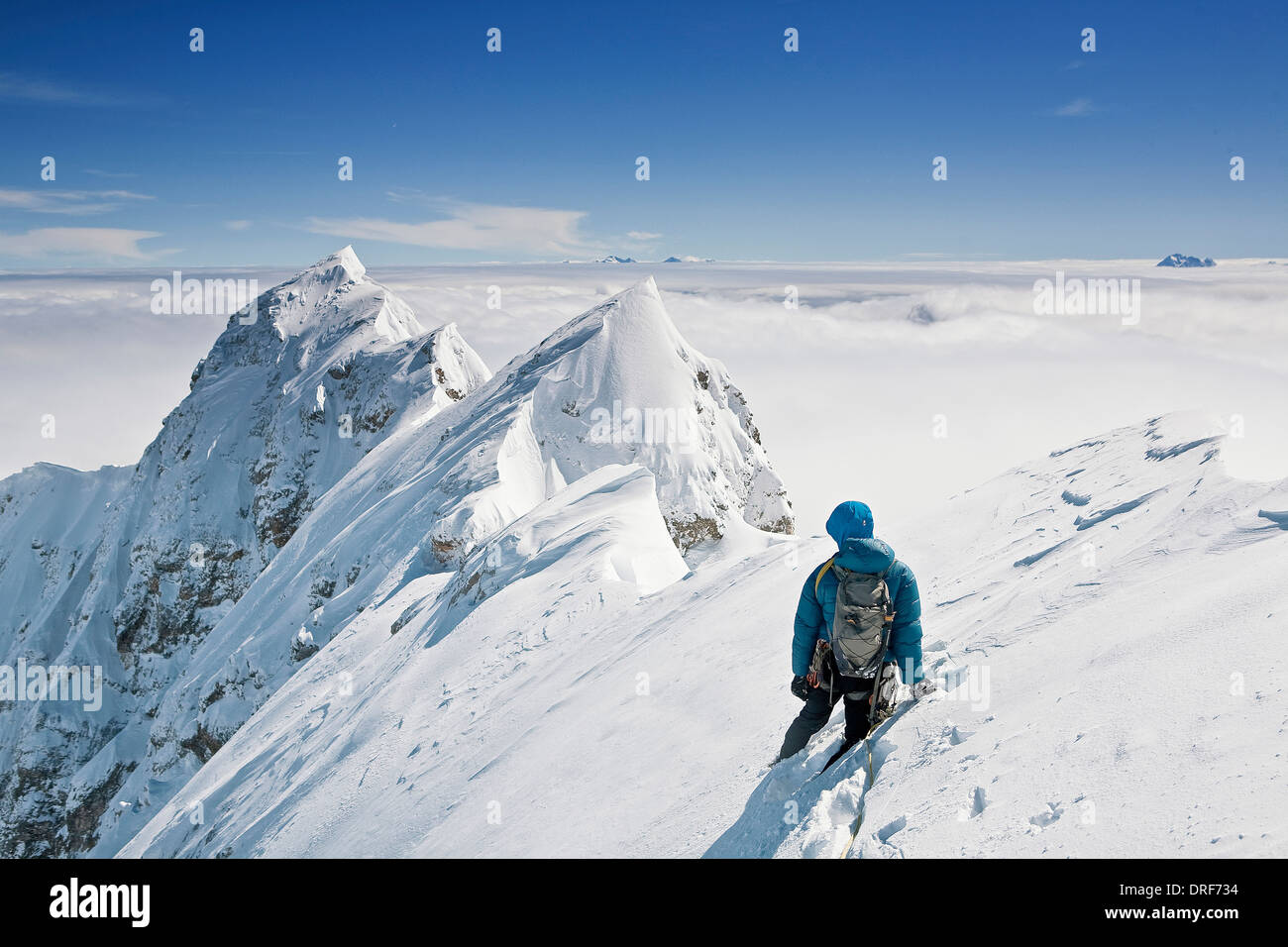 Alpinist standing on mountain ridge, Zugspitze, Germany Stock Photo - Alamy
