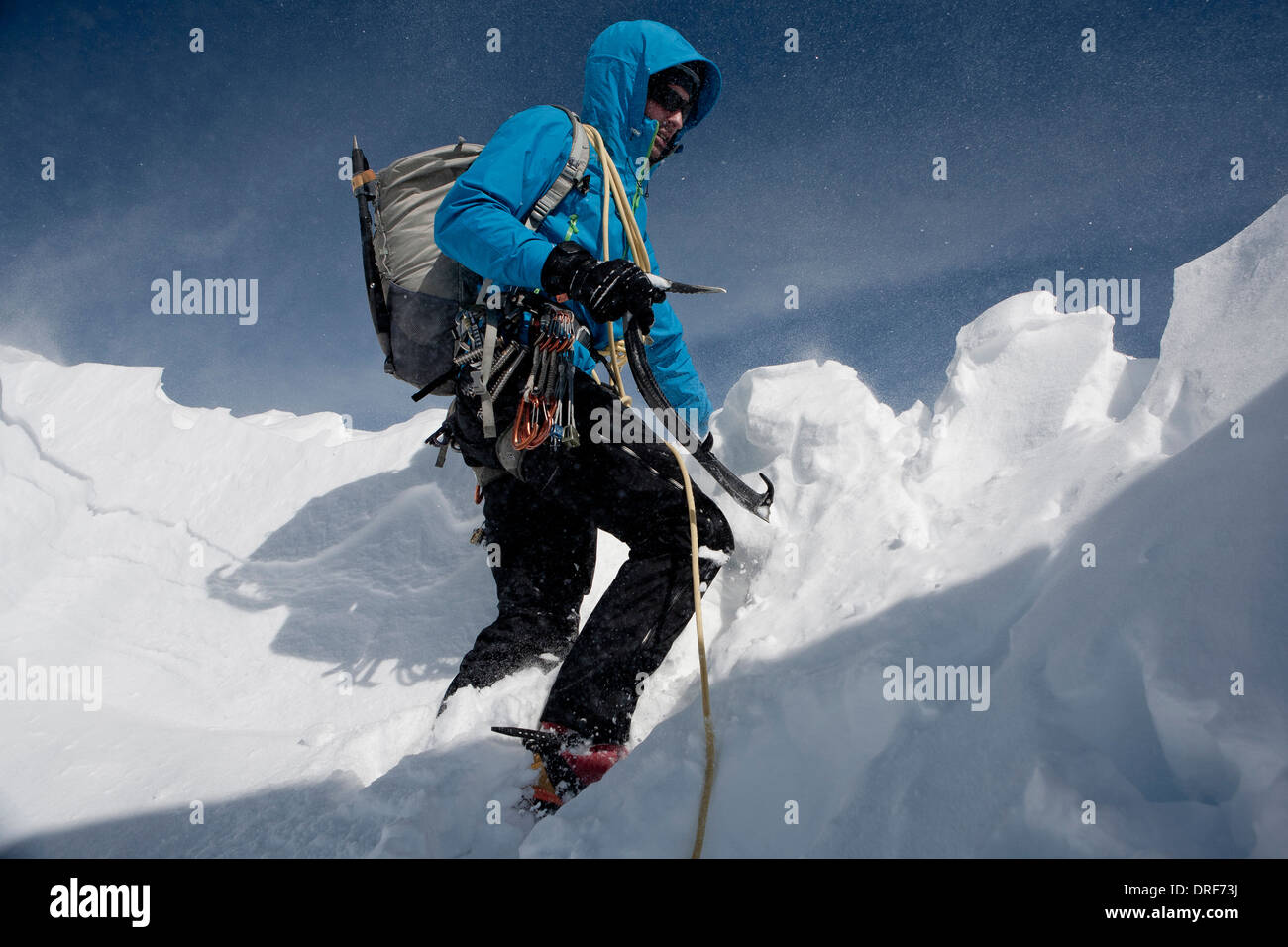 Alpinist on the rope, climbing down, Zugspitze Mountain, Bavaria ...