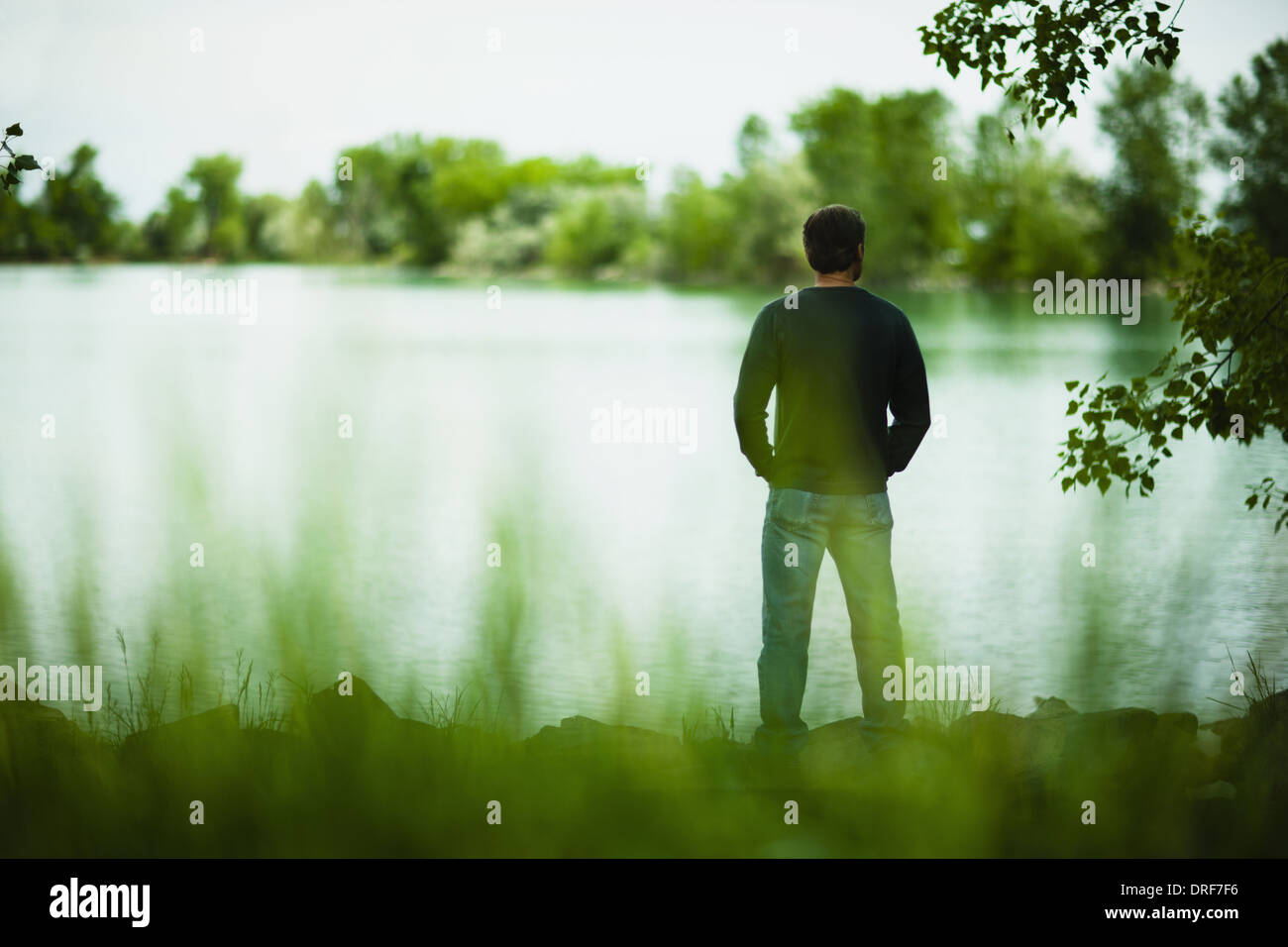 Colorado USA man standing alone looking in distance in thought Stock ...