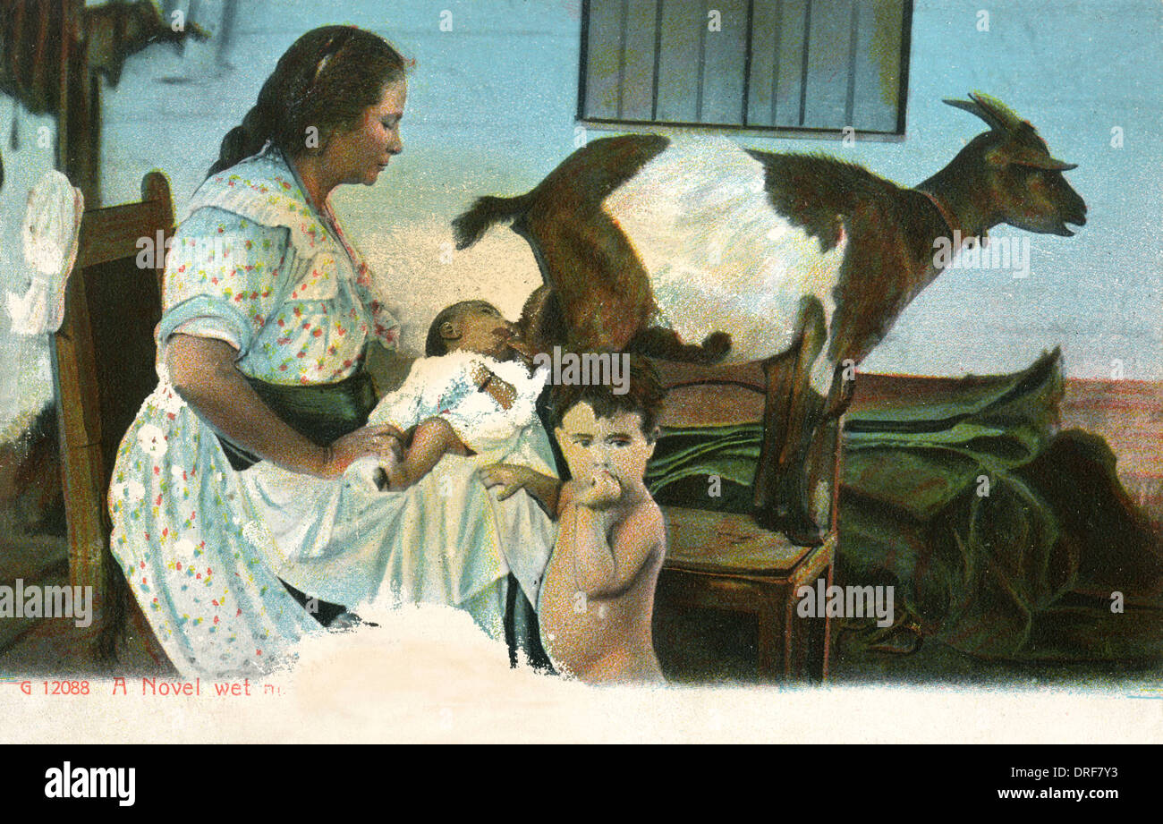 Wet nurse feeds baby using a goat Stock Photo - Alamy