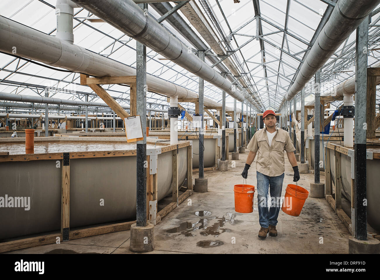 New York state USA large fish farm with raised water breeding tanks ...