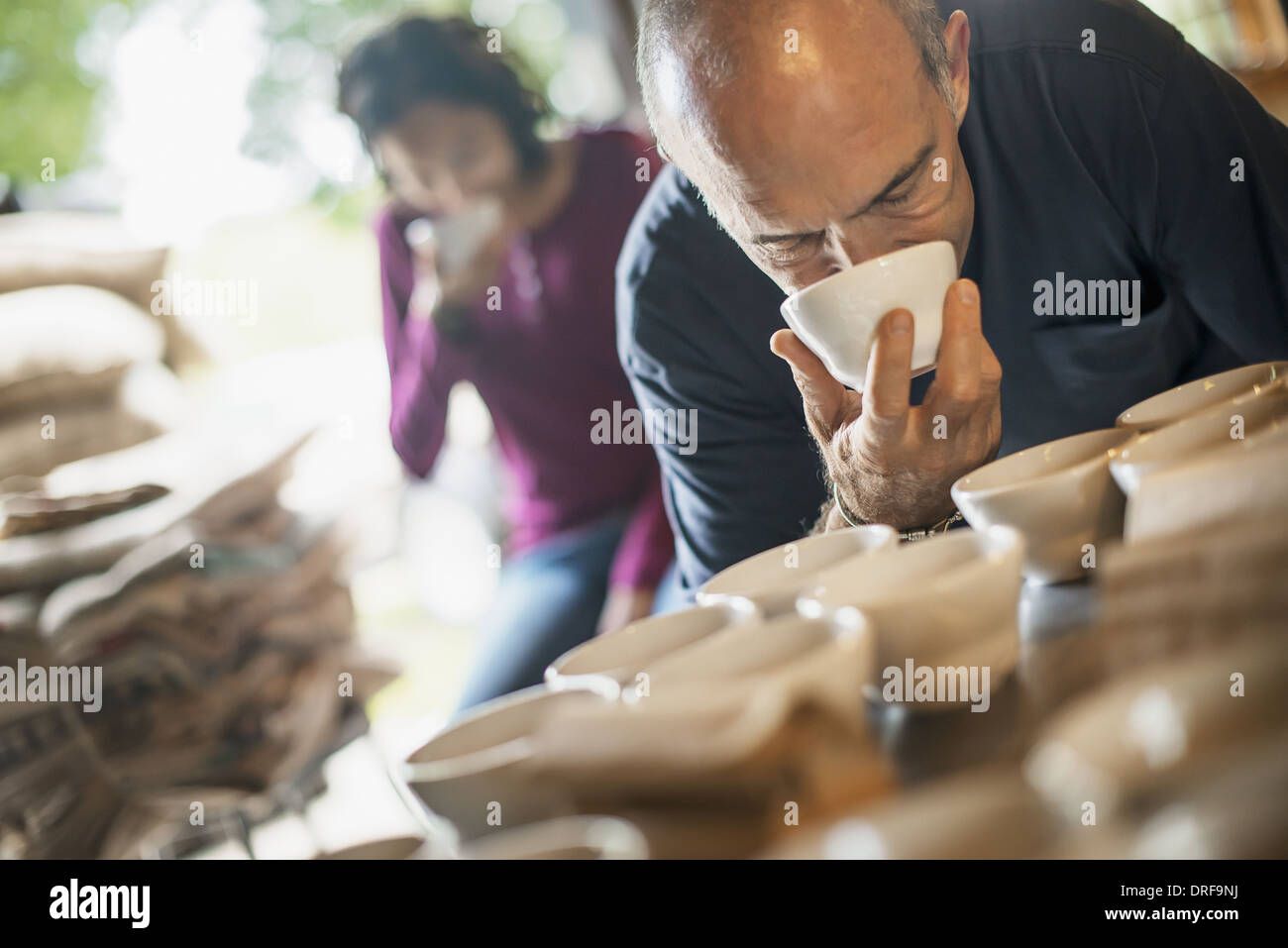 New York state USA sampling coffee processing shed blending grounds ...