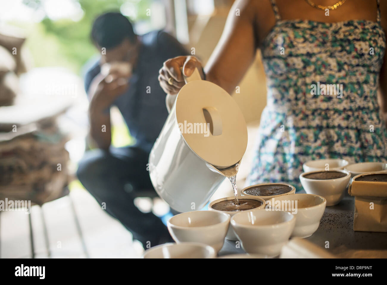 New York state USA man sampling in organic coffee processing shed Stock ...