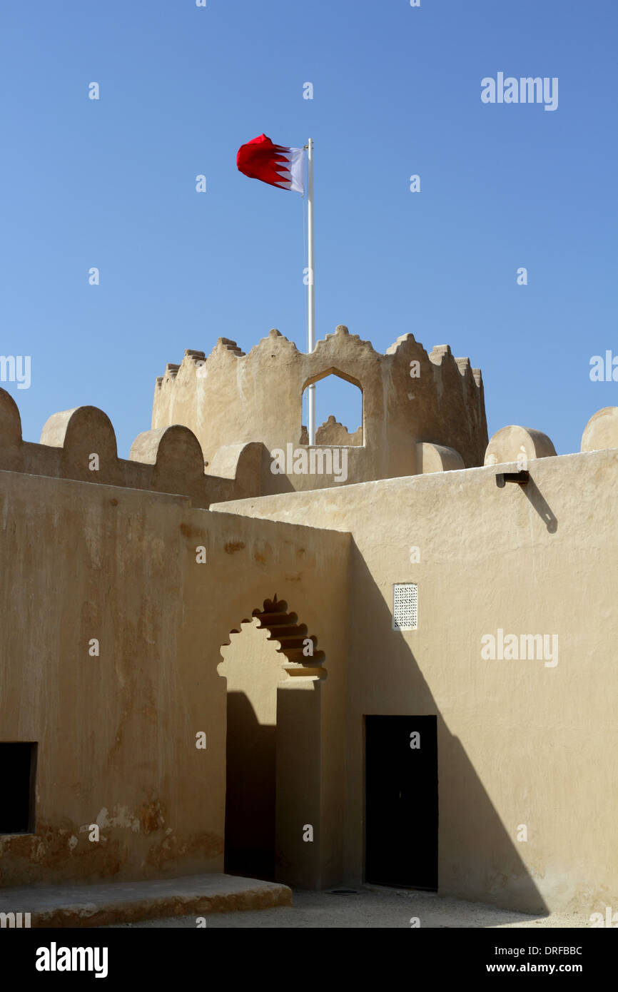 Turret of the Riffa Fort with Bahrain flag, East Riffa, Kingdom of ...