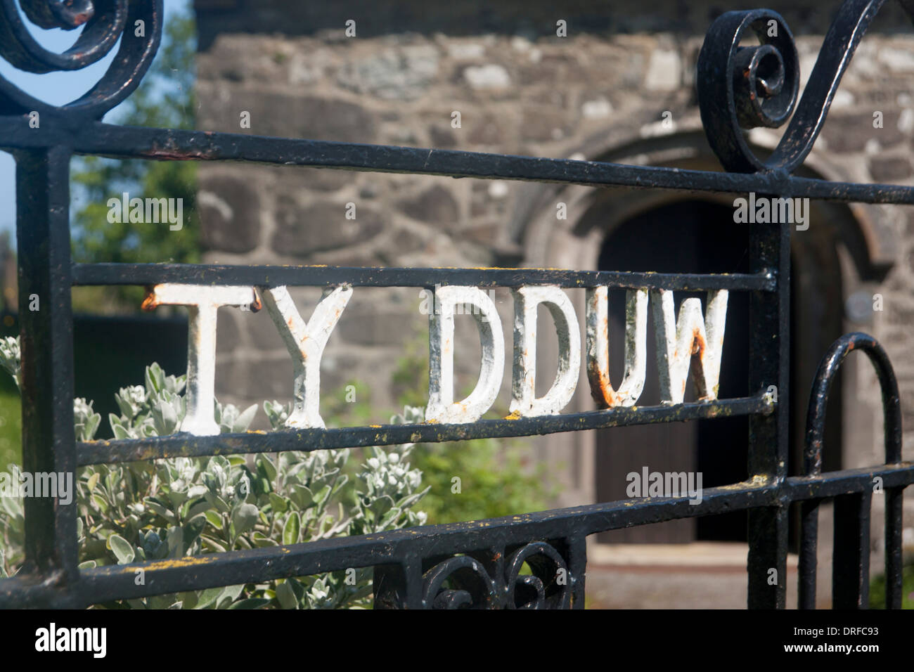 Ty Dduw 'House of God' painted sign on wrought iron gate St Gwynhoedl's ...
